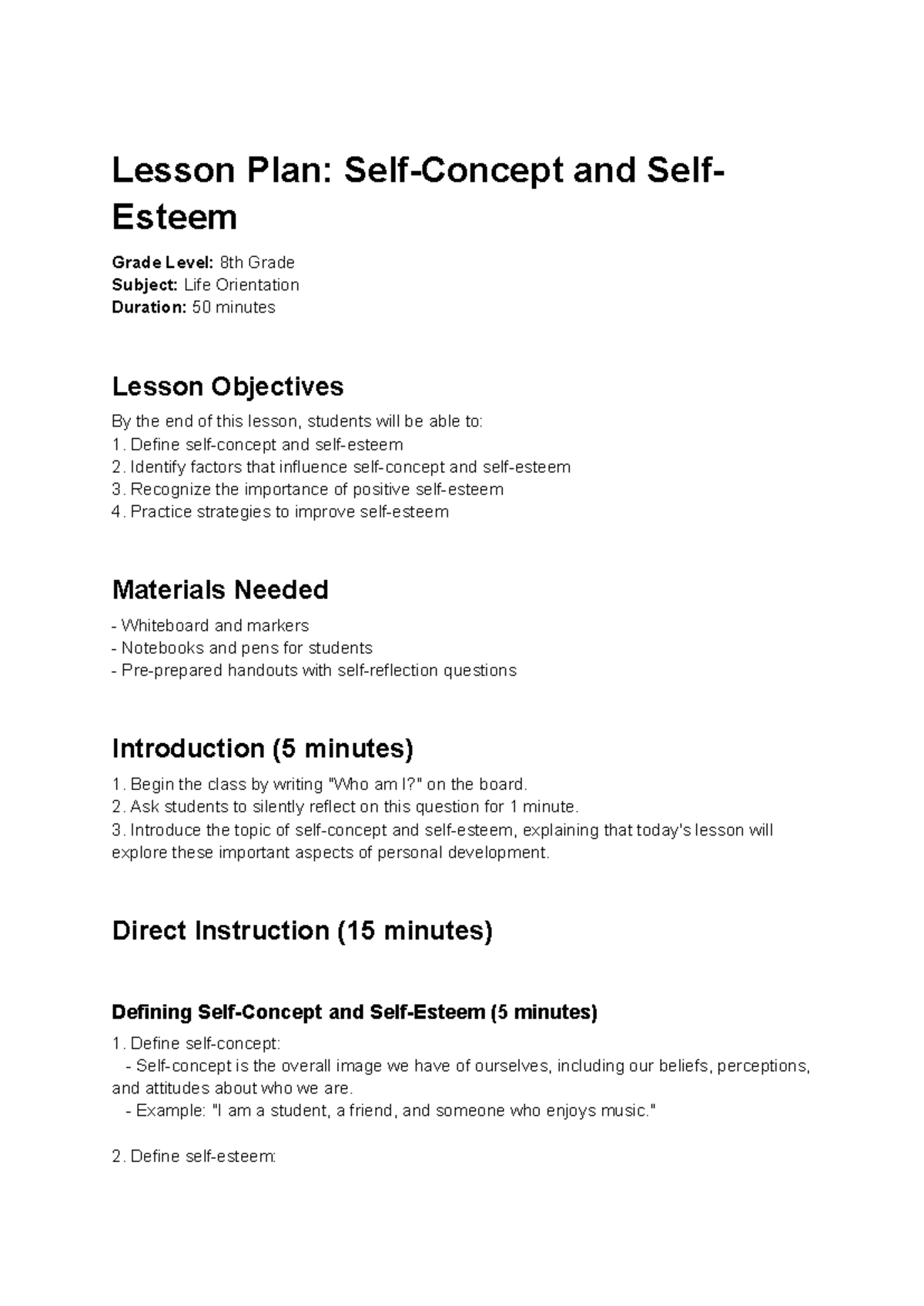 8th Grade Life Orientation Lesson on Self-Concept & Self-Esteem - Studocu
