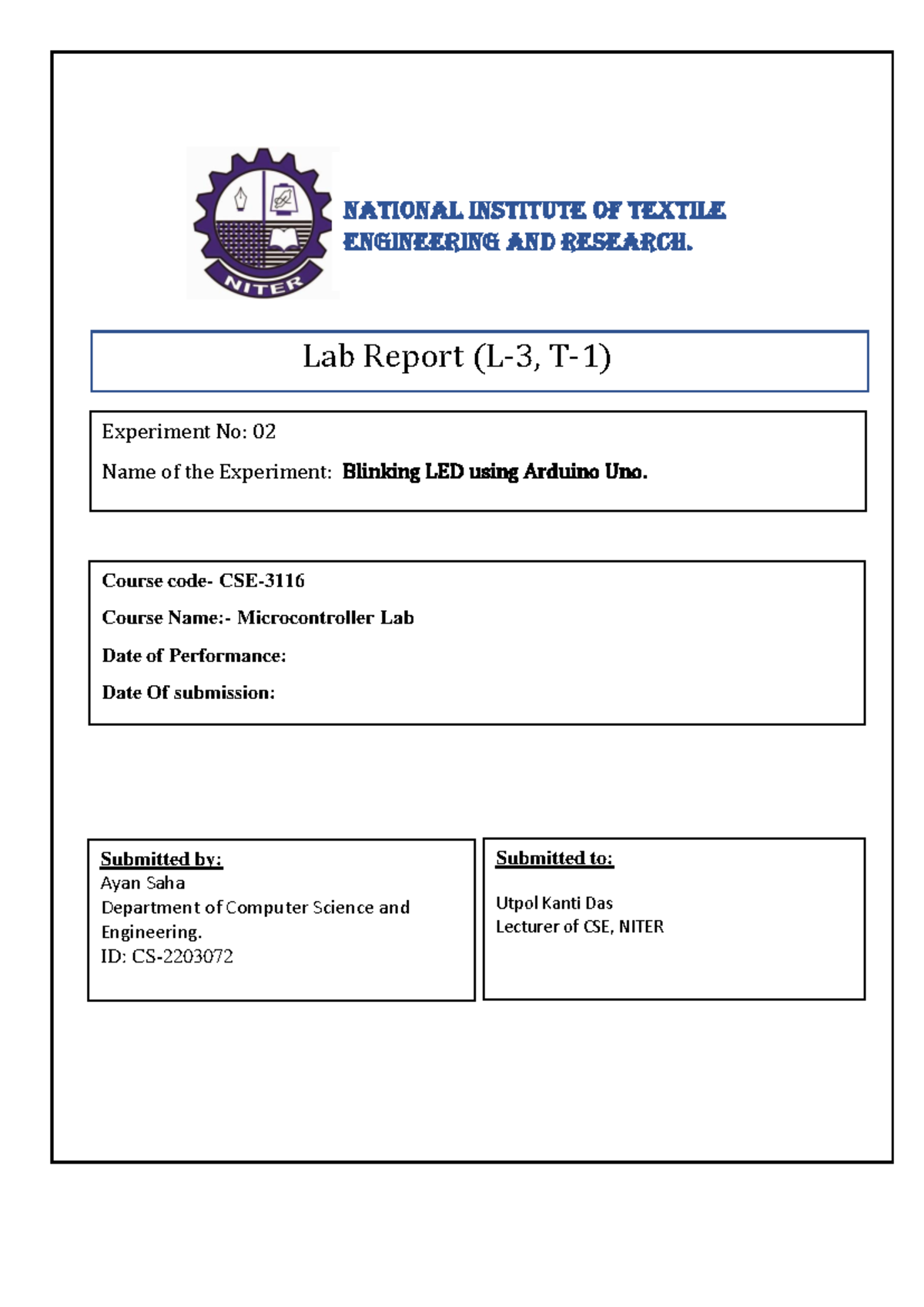 Lab Report: Microcontroller Lab (CSE) - Blinking LED Experiment No. 02 ...