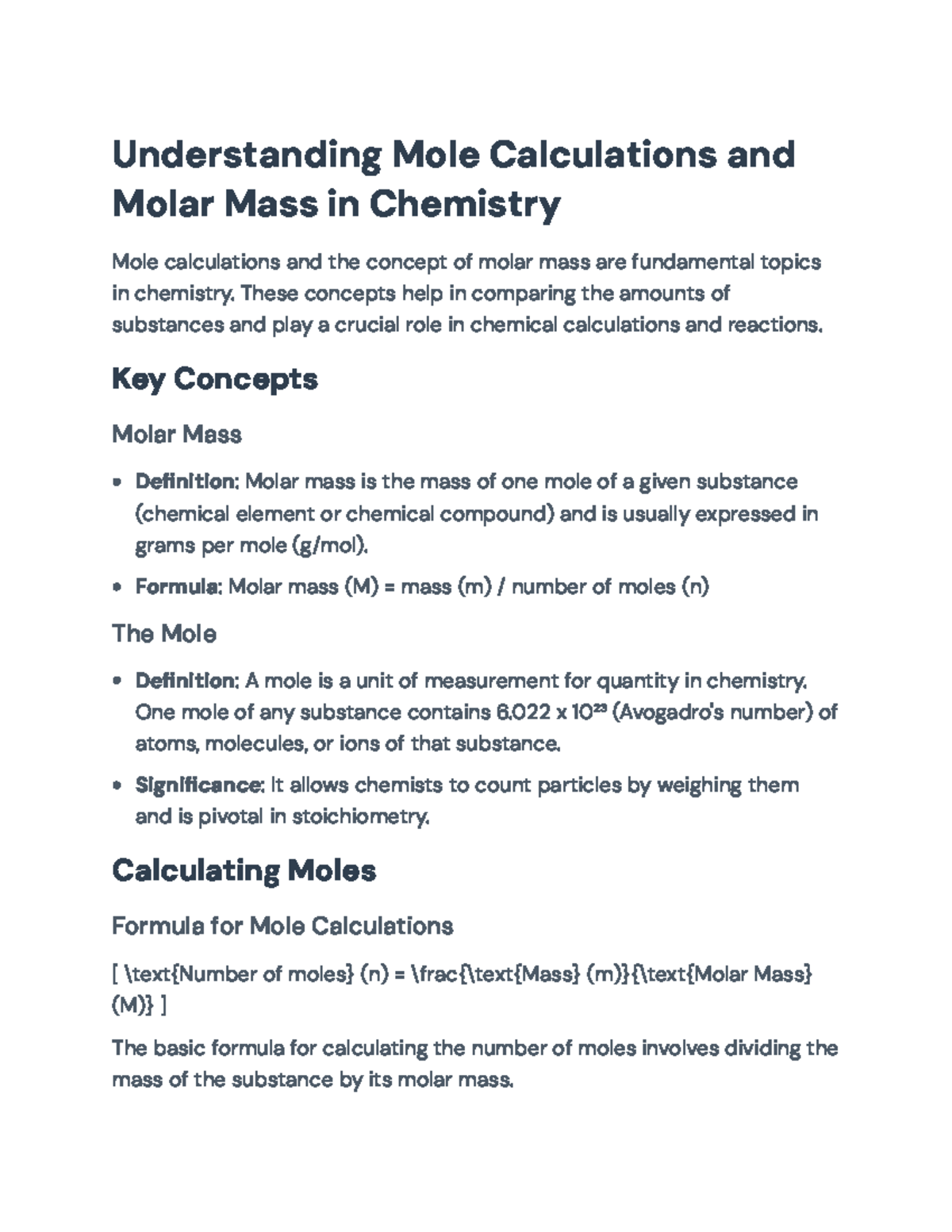 Mole Calculations & Molar Mass Essentials in Chemistry (CHEM101) - Studocu