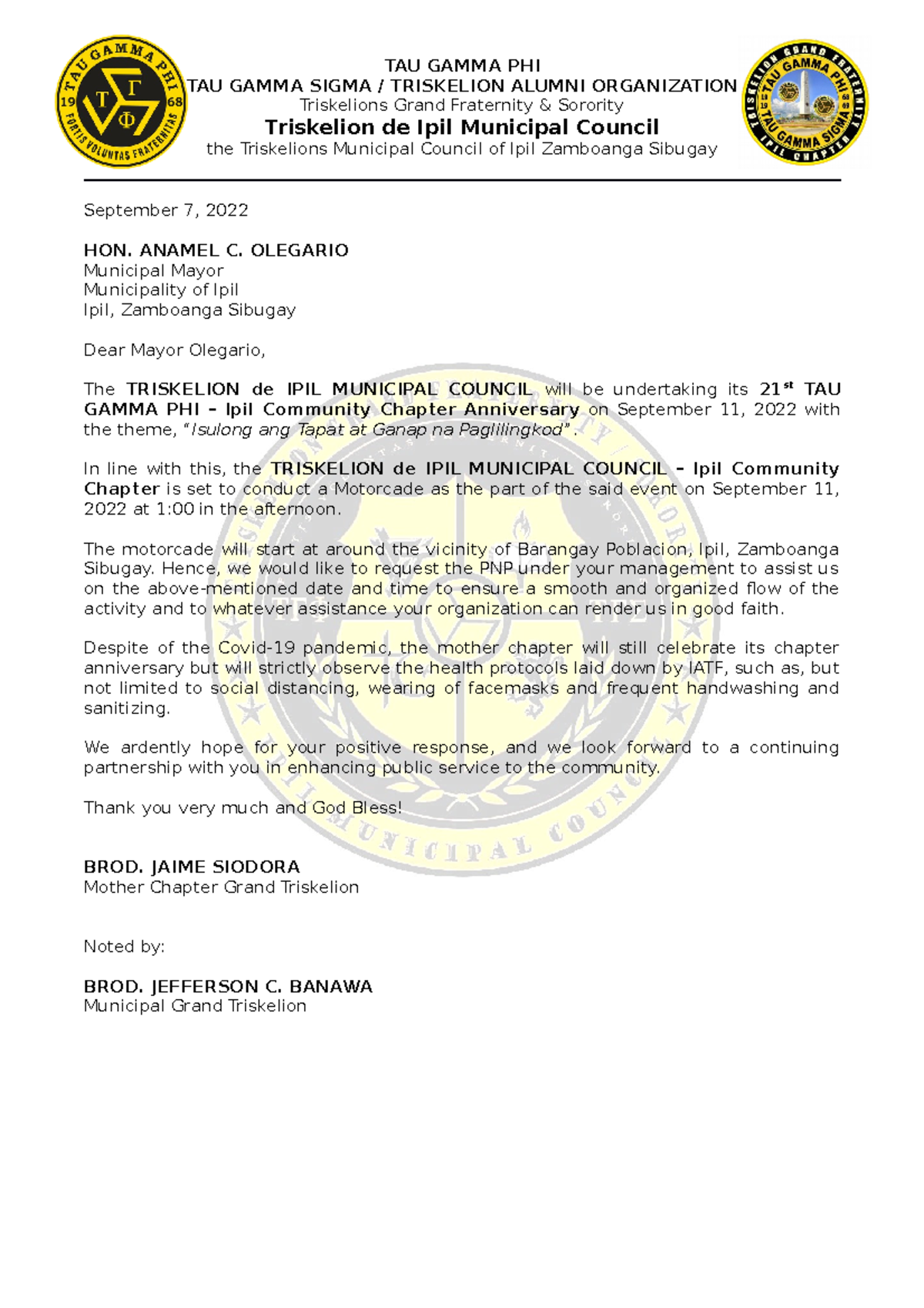 Motorcade Request for TAU GAMMA PHI Anniversary Celebration - Studocu