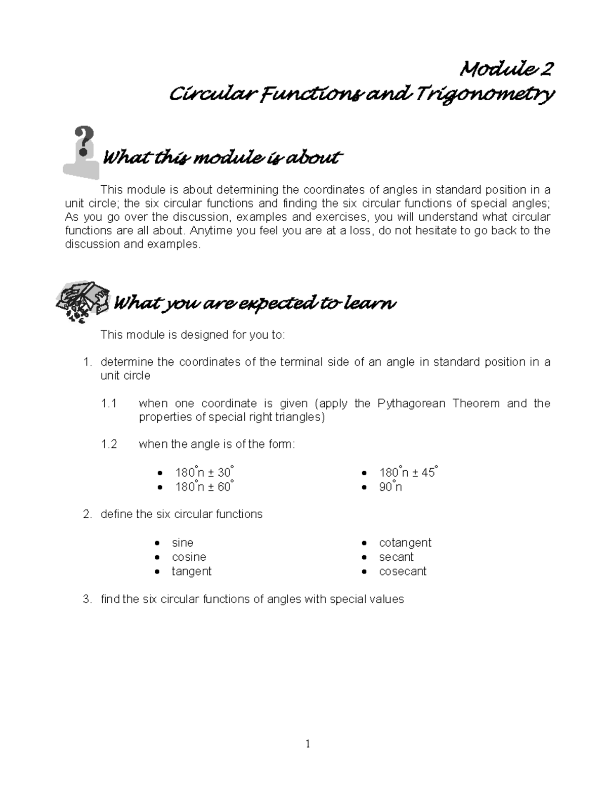 Module 2 - Circular Functions & Trigonometry Overview and Learning ...