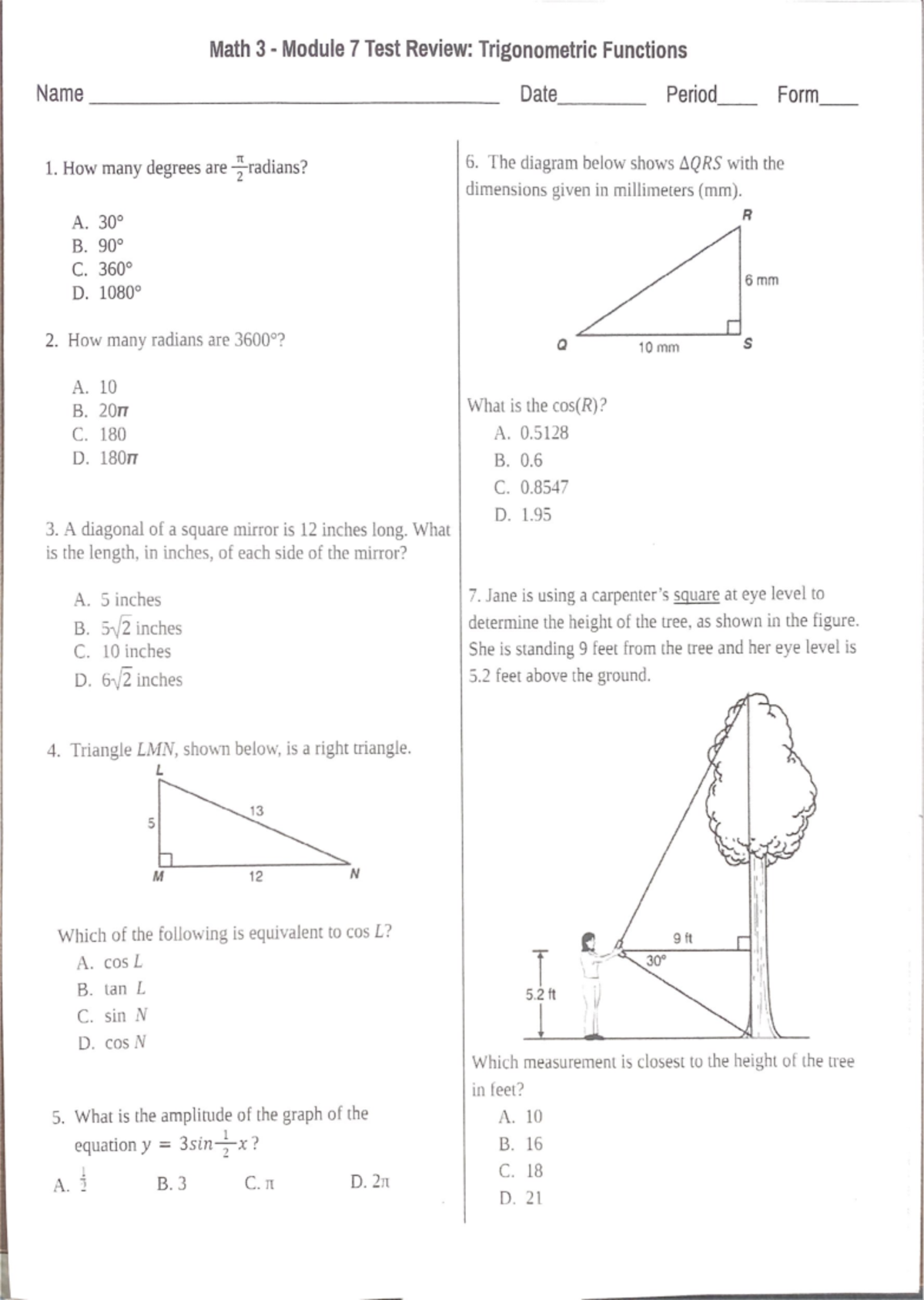 Math 3 - Module 7 Test Review: Trigonometric Functions Cheat Sheet ...
