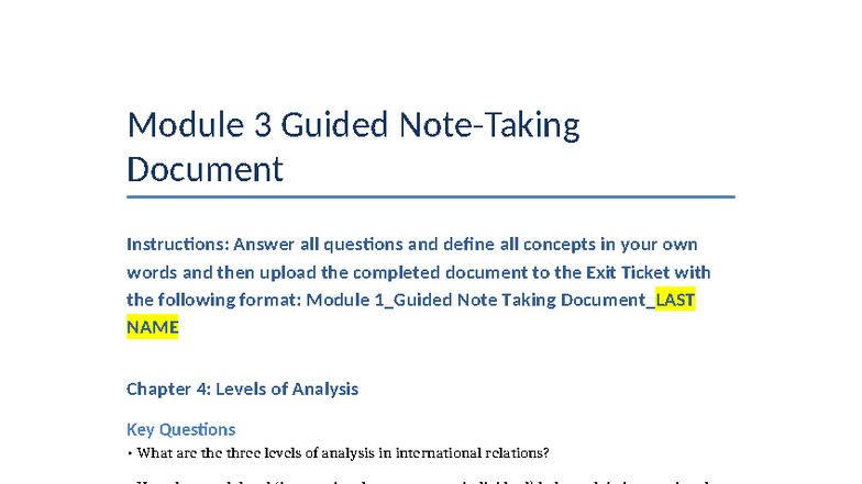 Module 3 Guided Note Taking: Levels of Analysis in IR - Studocu