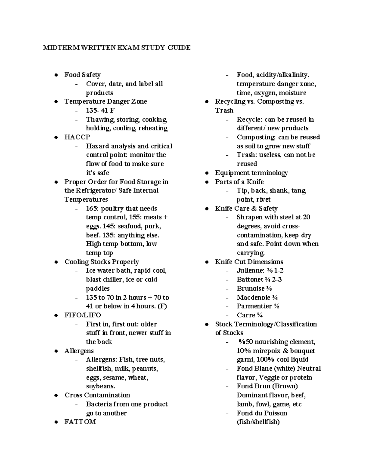 MIDTERM STUDY GUIDE: Food Safety Principles & Techniques - Studocu