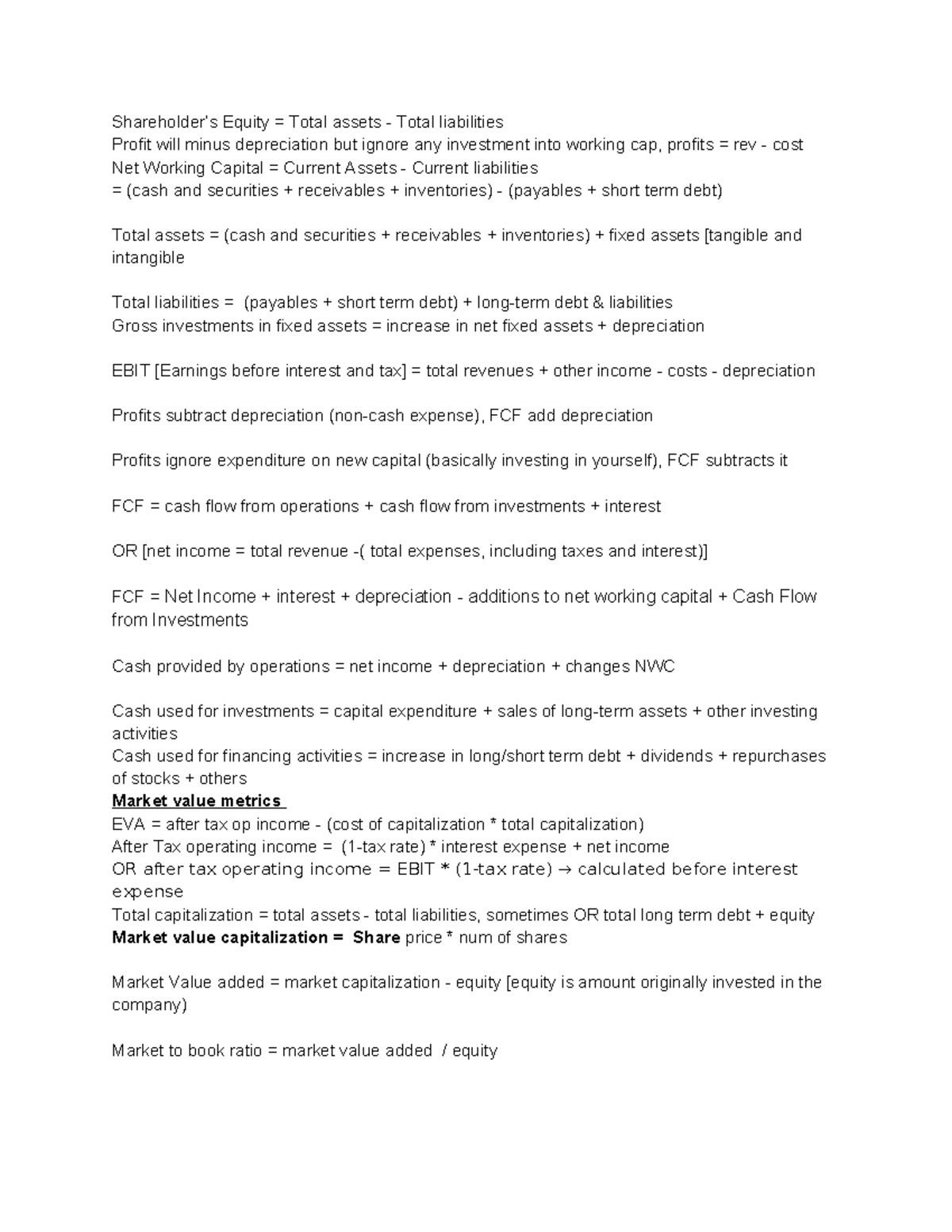 Important Formulas for Equity and Cash Flow Analysis (FIN 101) - Studocu