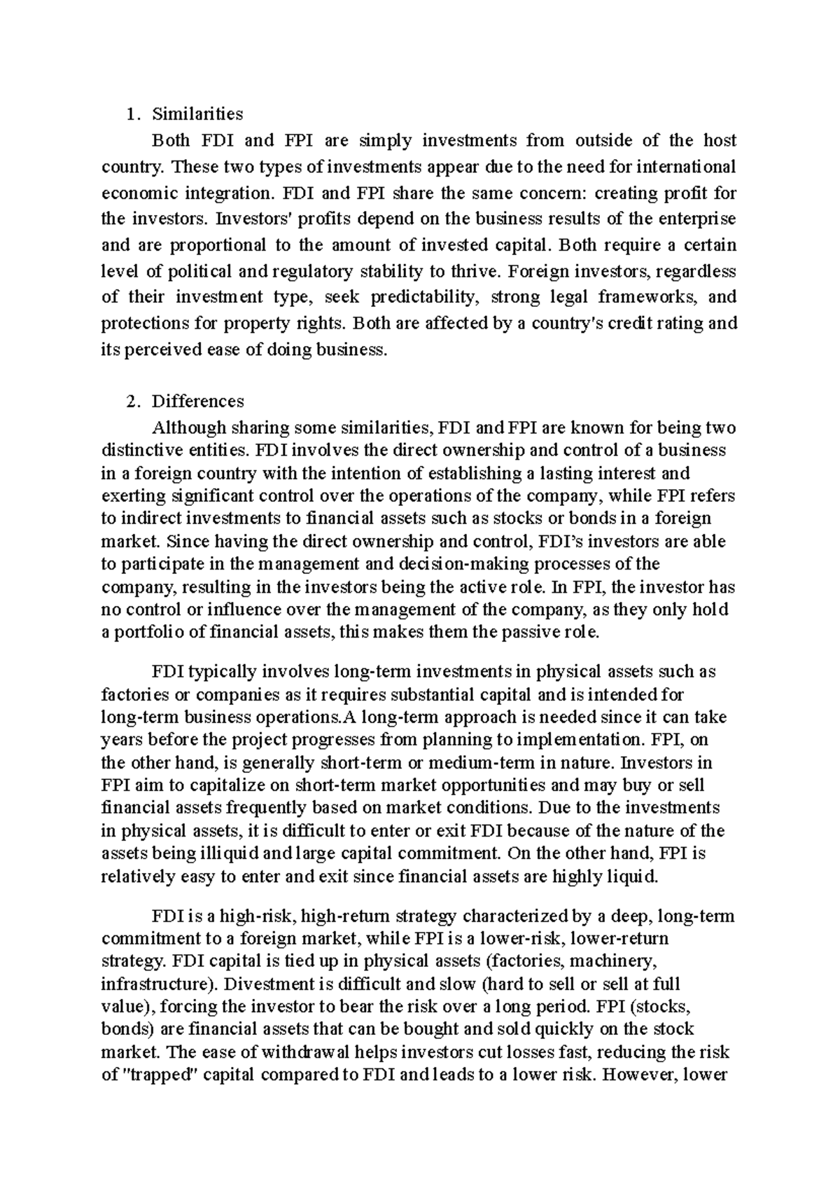 FDI vs FPI: A Comparative Analysis of Investment Strategies - Studocu