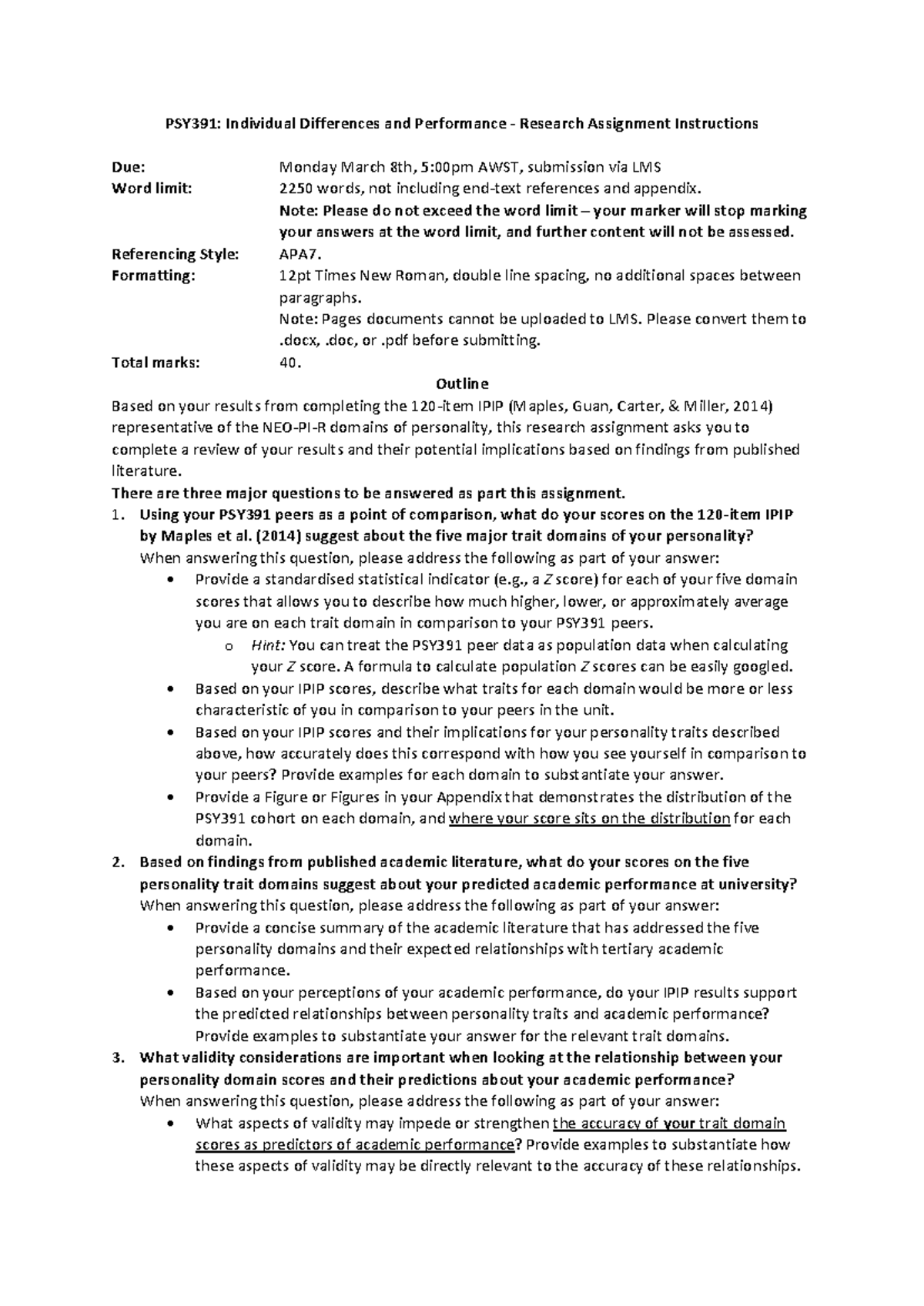 PSY391: Research Assignment on Personality Traits & Academic ...