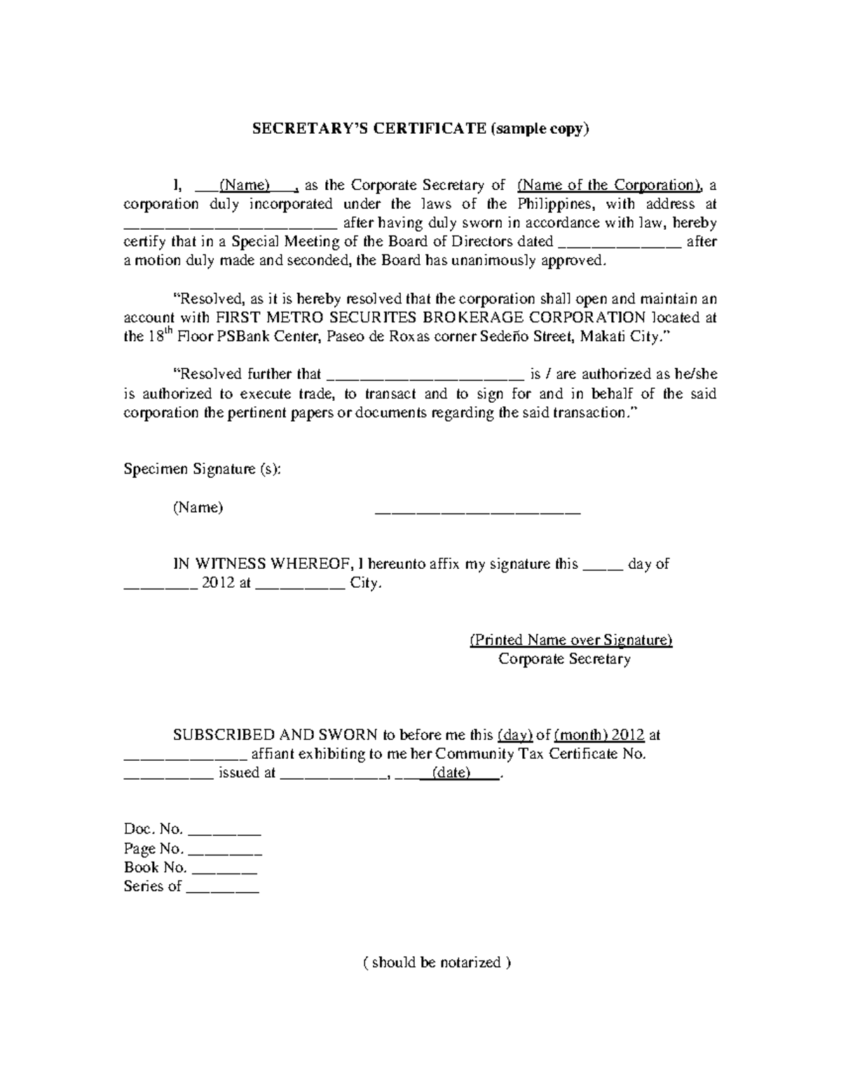 Secretary's Certificate Sample Copy - Corporate Documentation ...