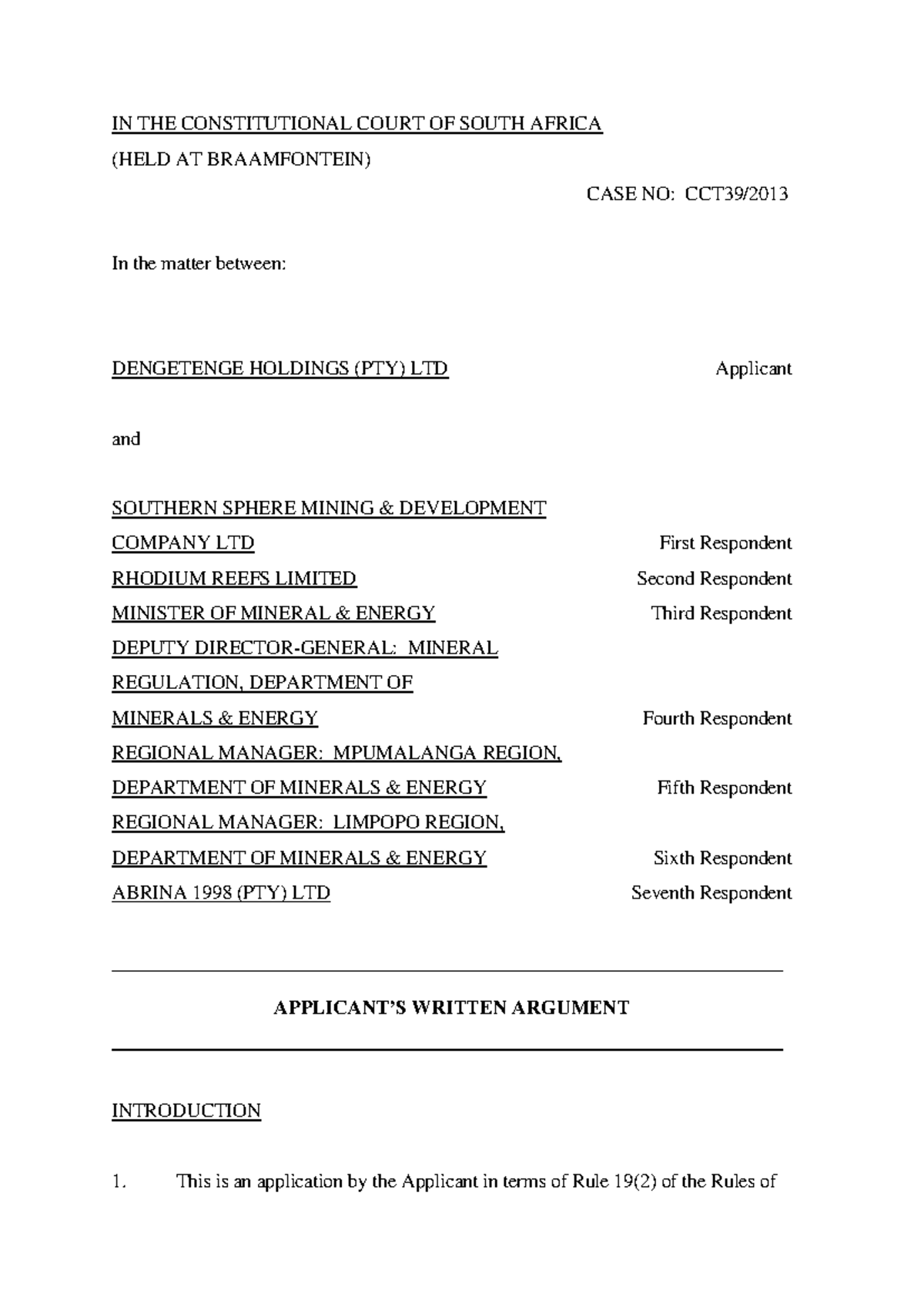 Applicant's Heads of Argument - CCT39/2013 Reinstatement Appeal - Studocu