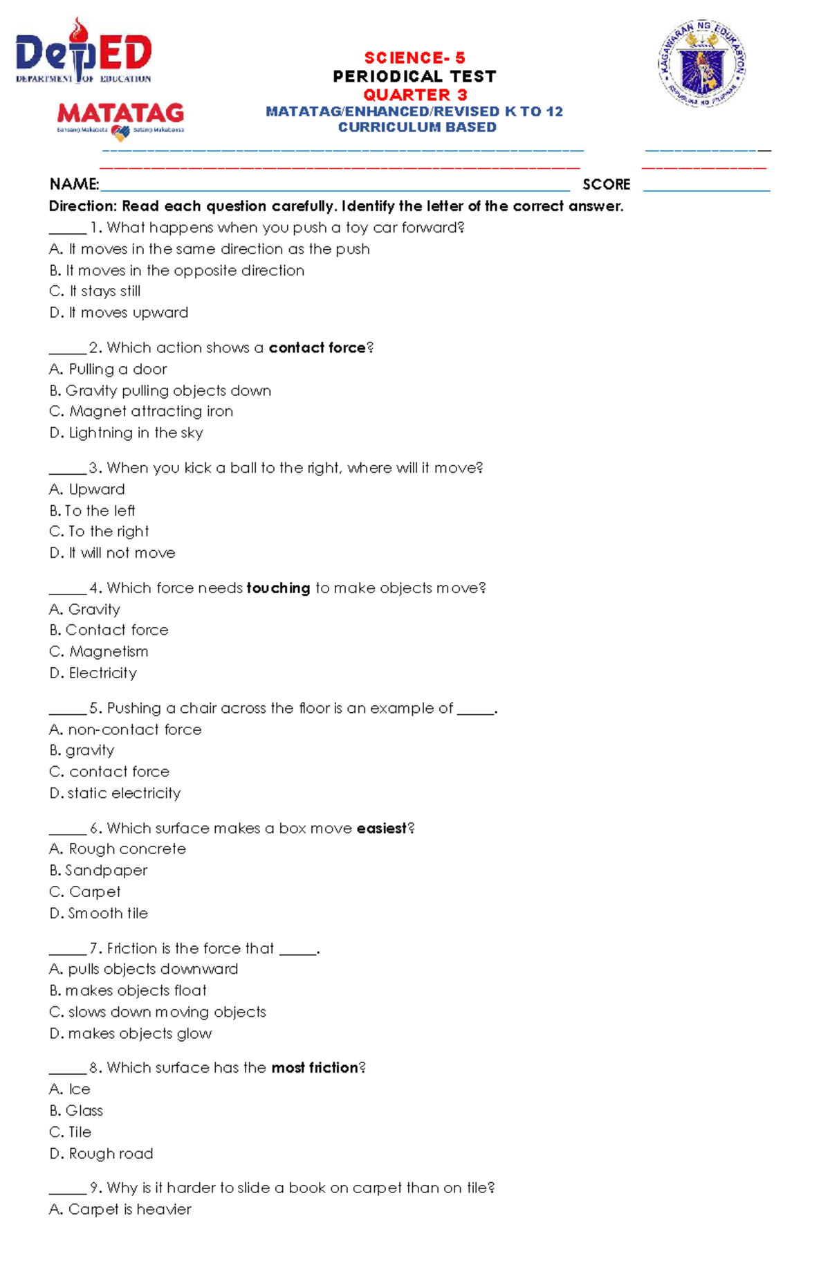 Science 5 Periodical Test Q3: Forces, Friction, and Electricity - Studocu