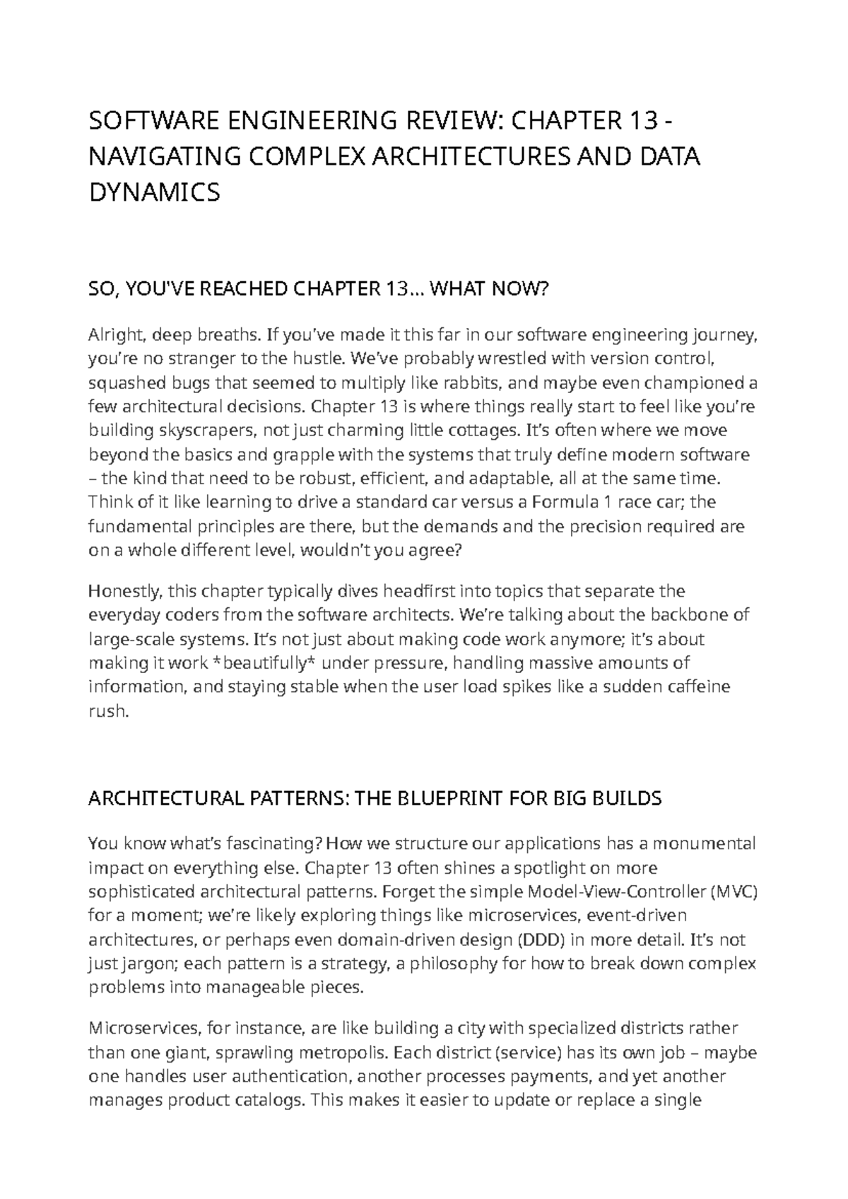 SOFTWARE ENGINEERING REVIEW: CHAPTER 13 ON ARCHITECTURES & DATA DYNAMICS - Studocu