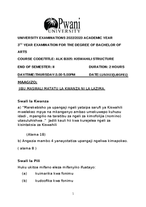 Aina za Maneno: Vivumishi, Vielezi na Viwakilishi Katika Kiswahili - Studocu