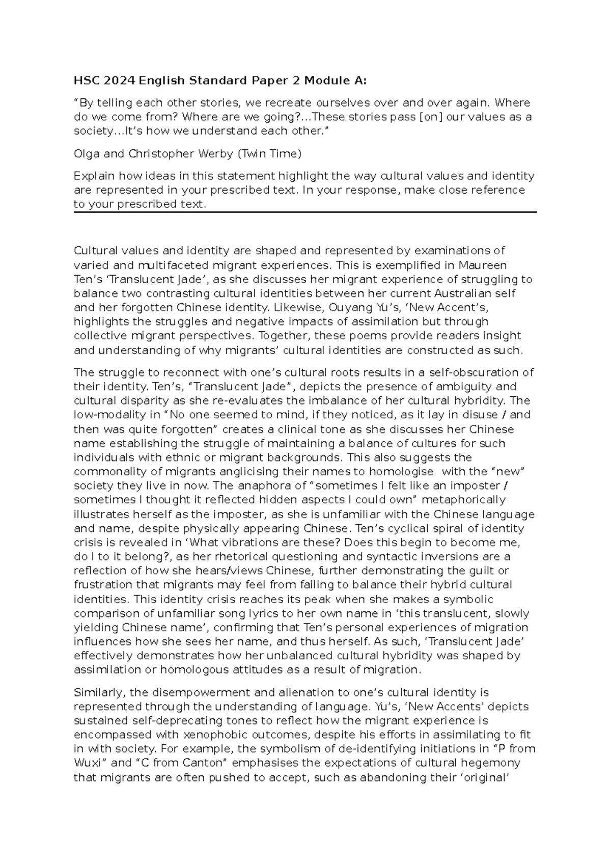 HSC 2024 English Standard Mod A Essay: Cultural Identity in ...