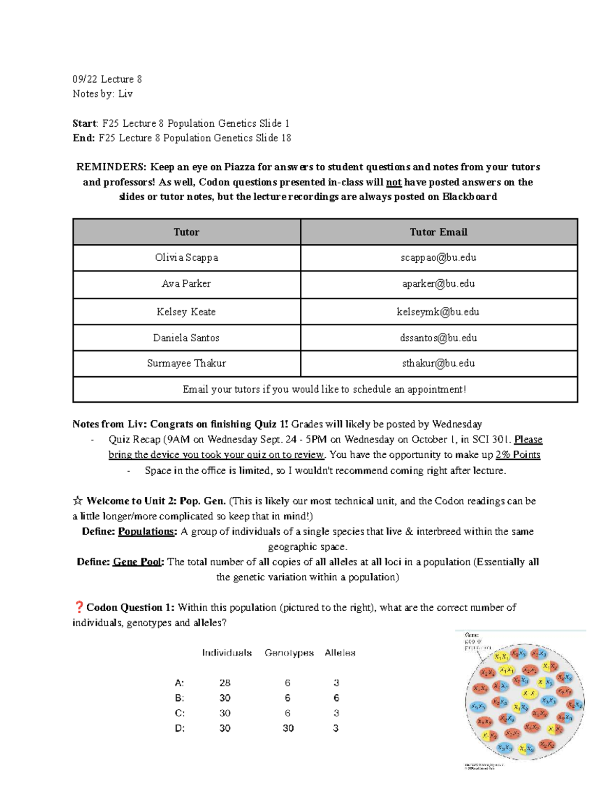 Population Genetics Lecture Notes & Codon Qs - F25 - Studocu
