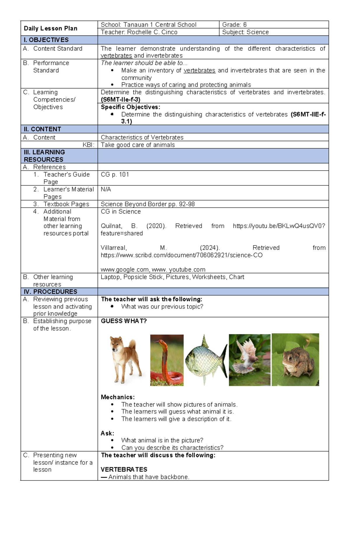 LP in Science (Vertebrates) - Daily Lesson Plan School: Tanauan 1 ...