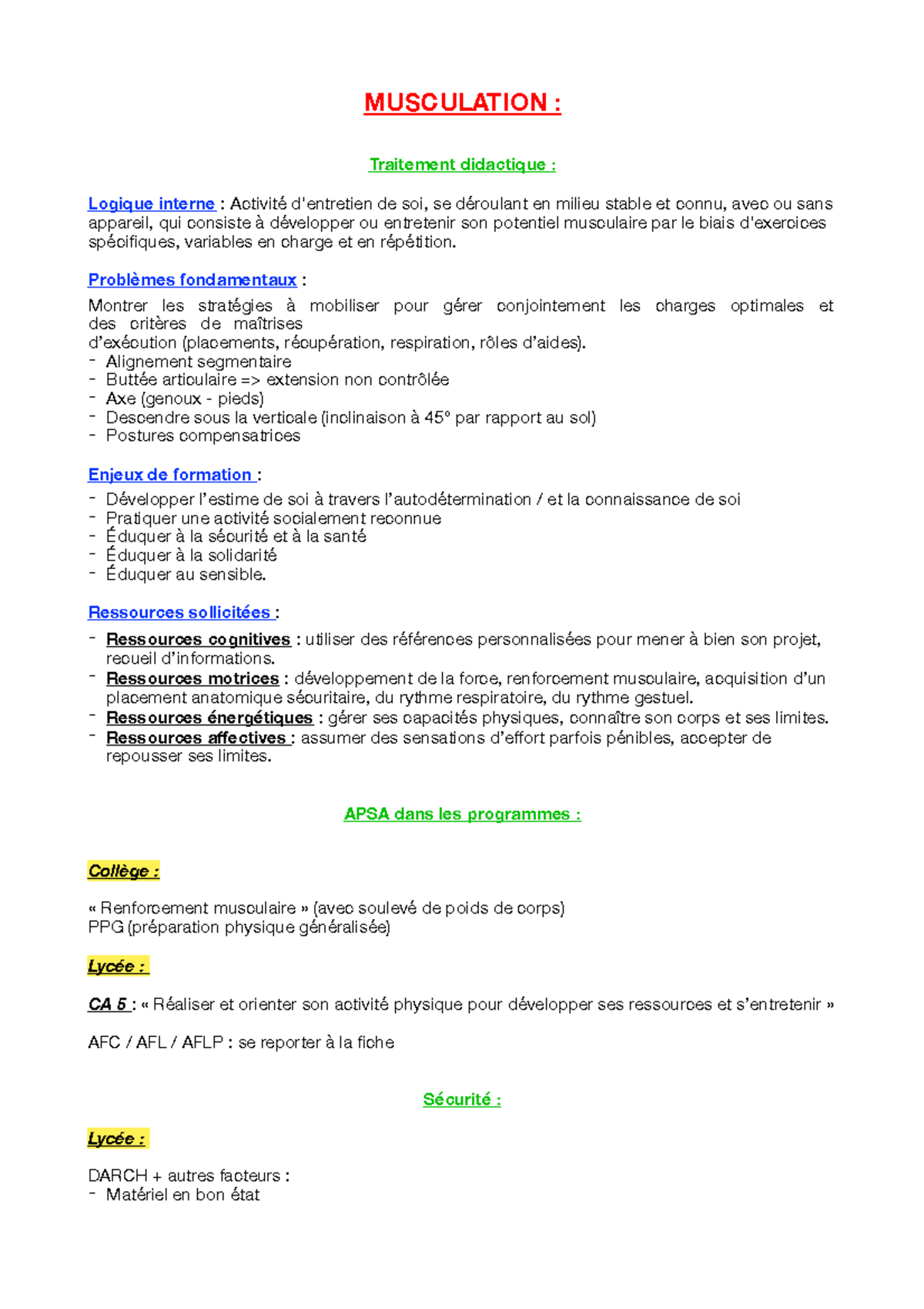 Fiche de Musculation APSA : Stratégies et Enjeux Pédagogiques - Studocu