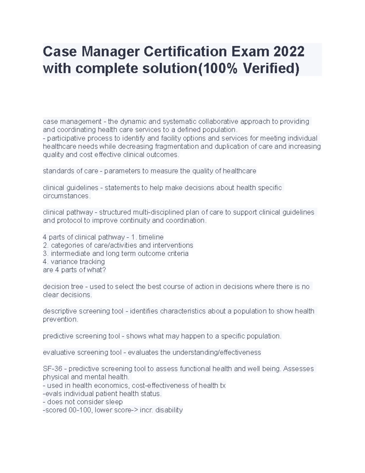 Case Management Final Exam 2022 Graded A - Criticism b. Assessment c ...