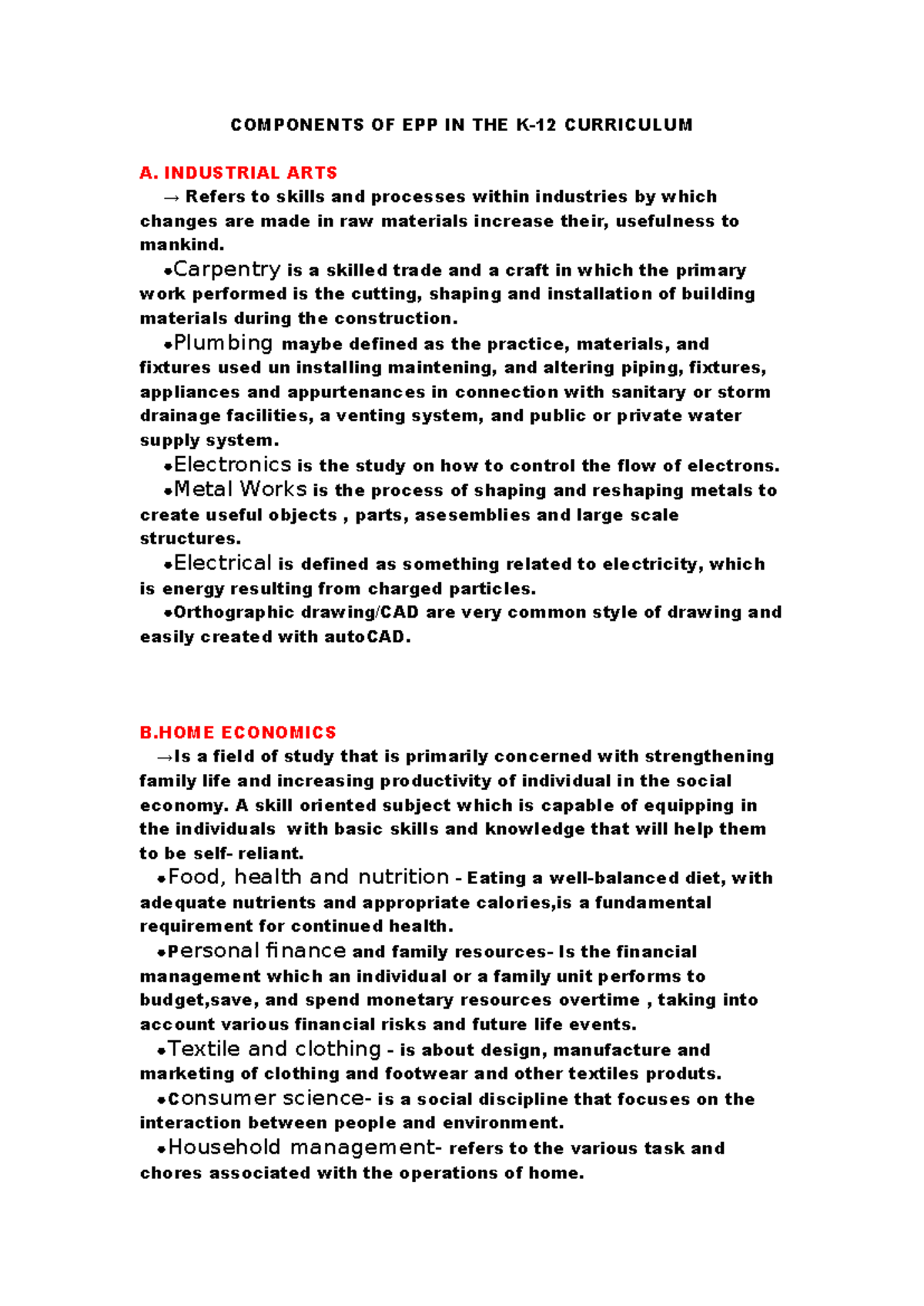 Components of EPP in the Curriculum: Industrial Arts & Home Economics ...