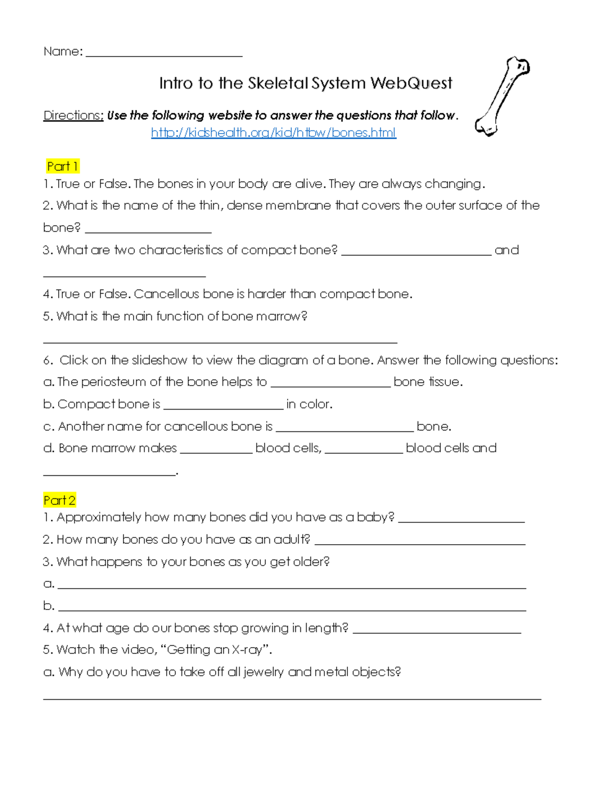 Skeletal webquest 1 - N/A - Name: __________________________ Intro to ...