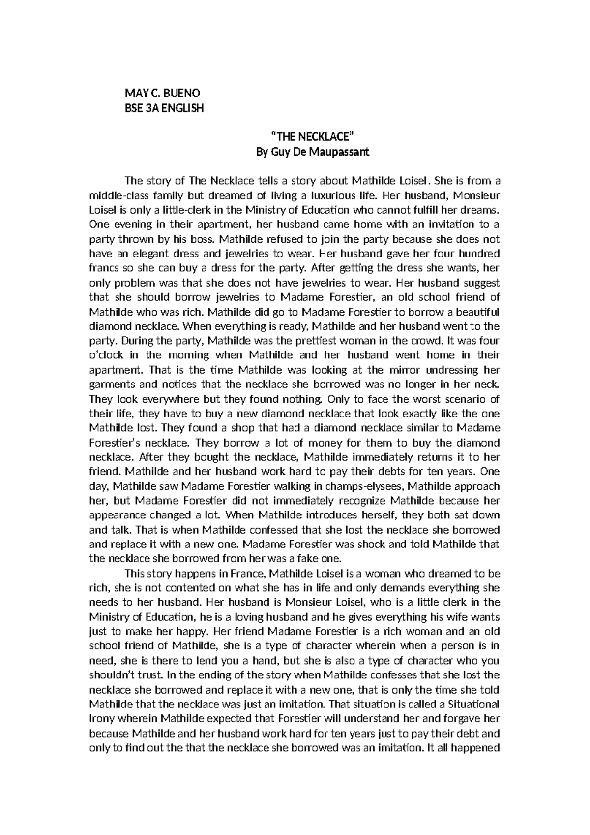 BSE 3A ENGLISH - Analysis of "The Necklace" by Guy De Maupassant - Studocu
