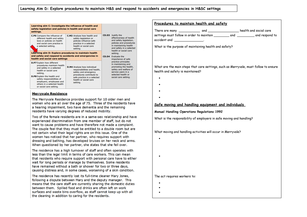 7D P7 P8 M4 D3 worksheets - Procedures to maintain health and safety ...