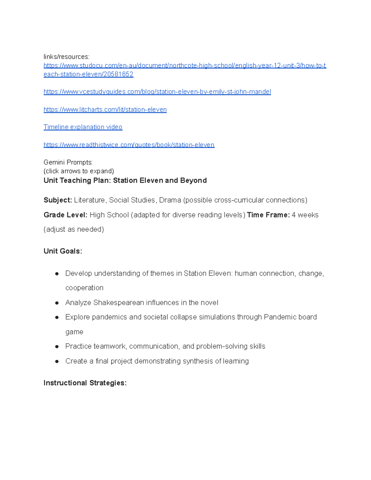 Station Eleven Unit Planning - links/resources: - Studocu