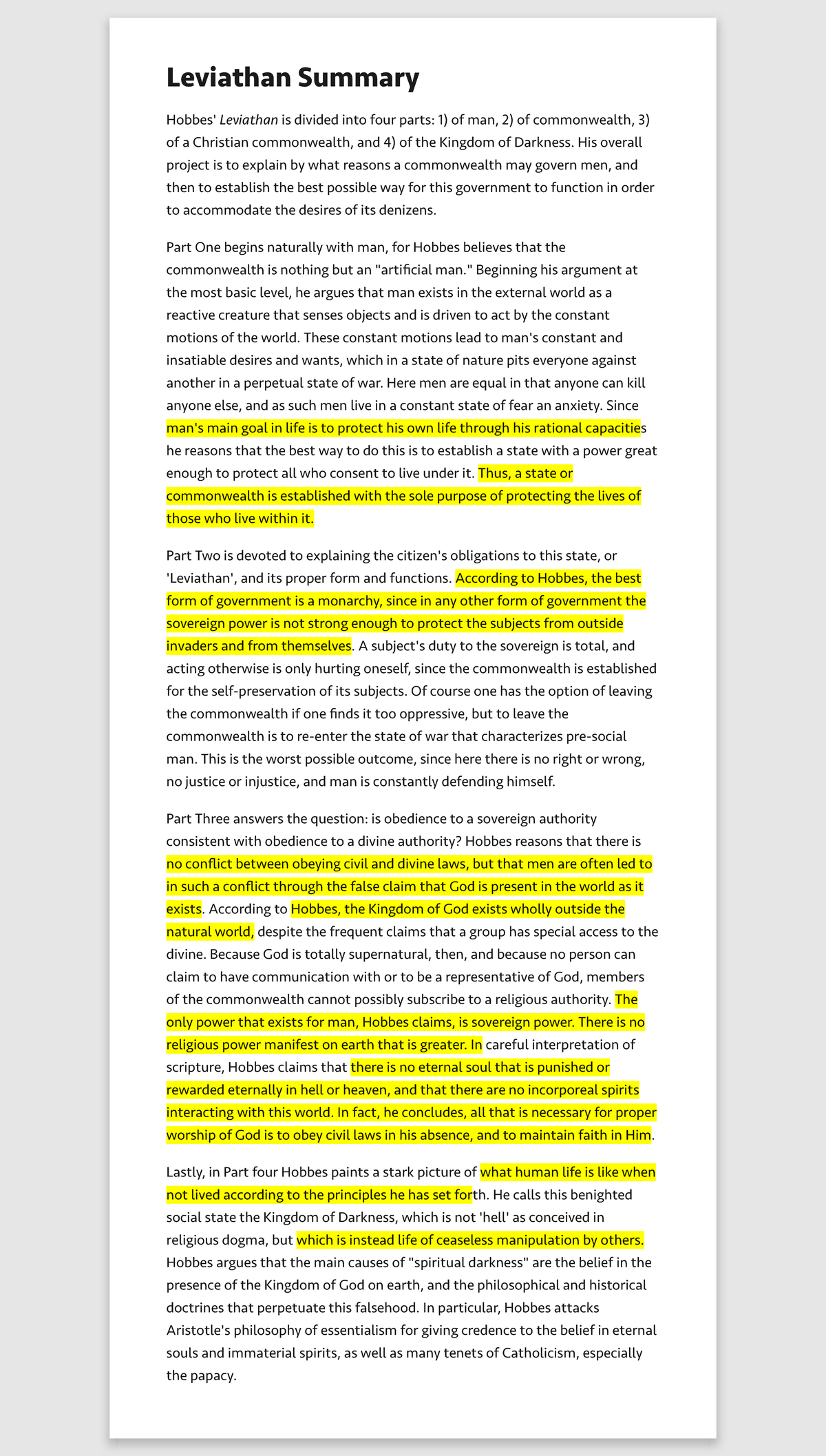 394951999-Leviathan-Summary - Leviathan Summary Hobbes' Leviathan is divided into four parts: 1 ...