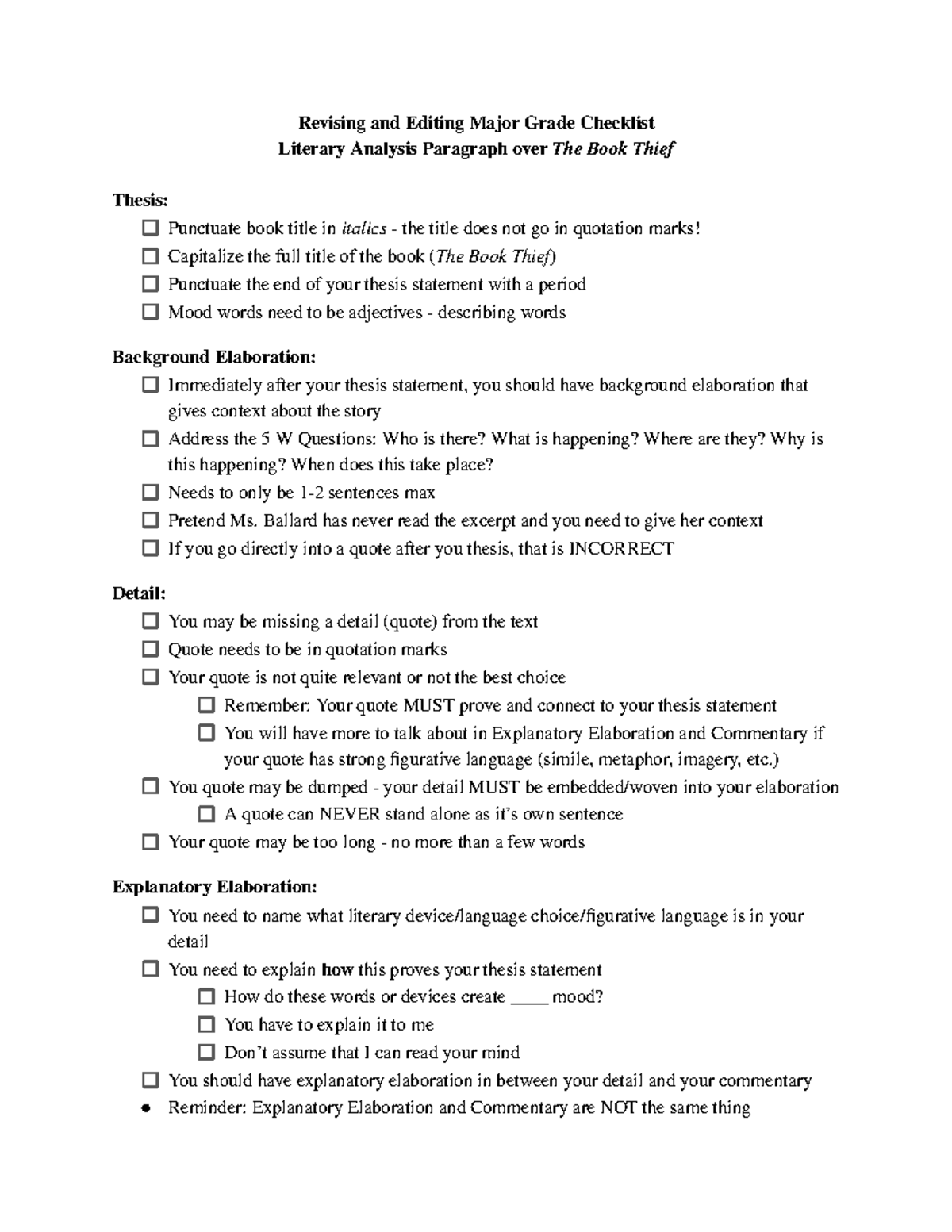 Revising & Editing Checklist for Major Grade: Literary Analysis (The ...