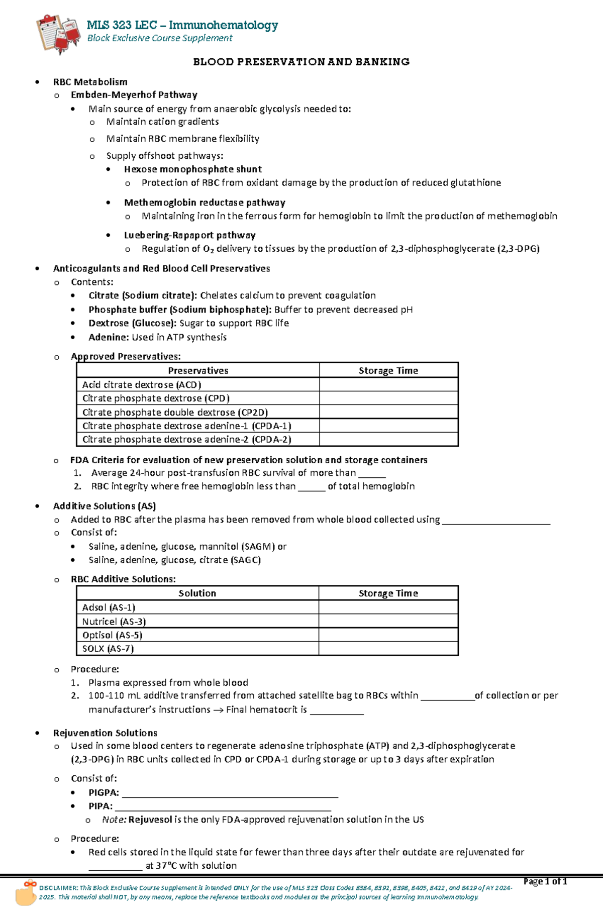 MLS 323 LEC Blood Preservation & Banking: RBC Metabolism Insights - Studocu