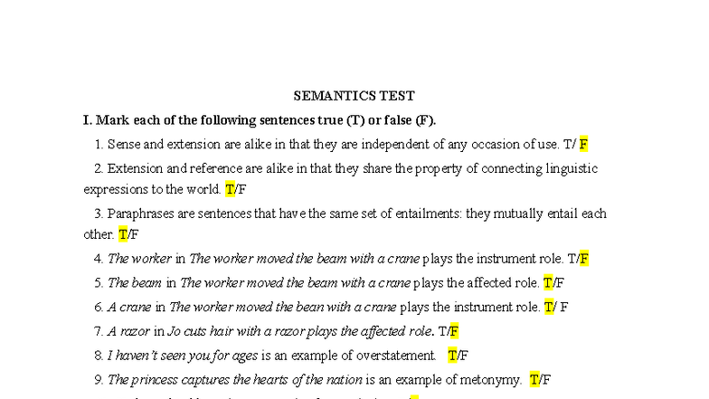 SEMANTICS TEST I - 867888631 BA I O N 6 - Studocu