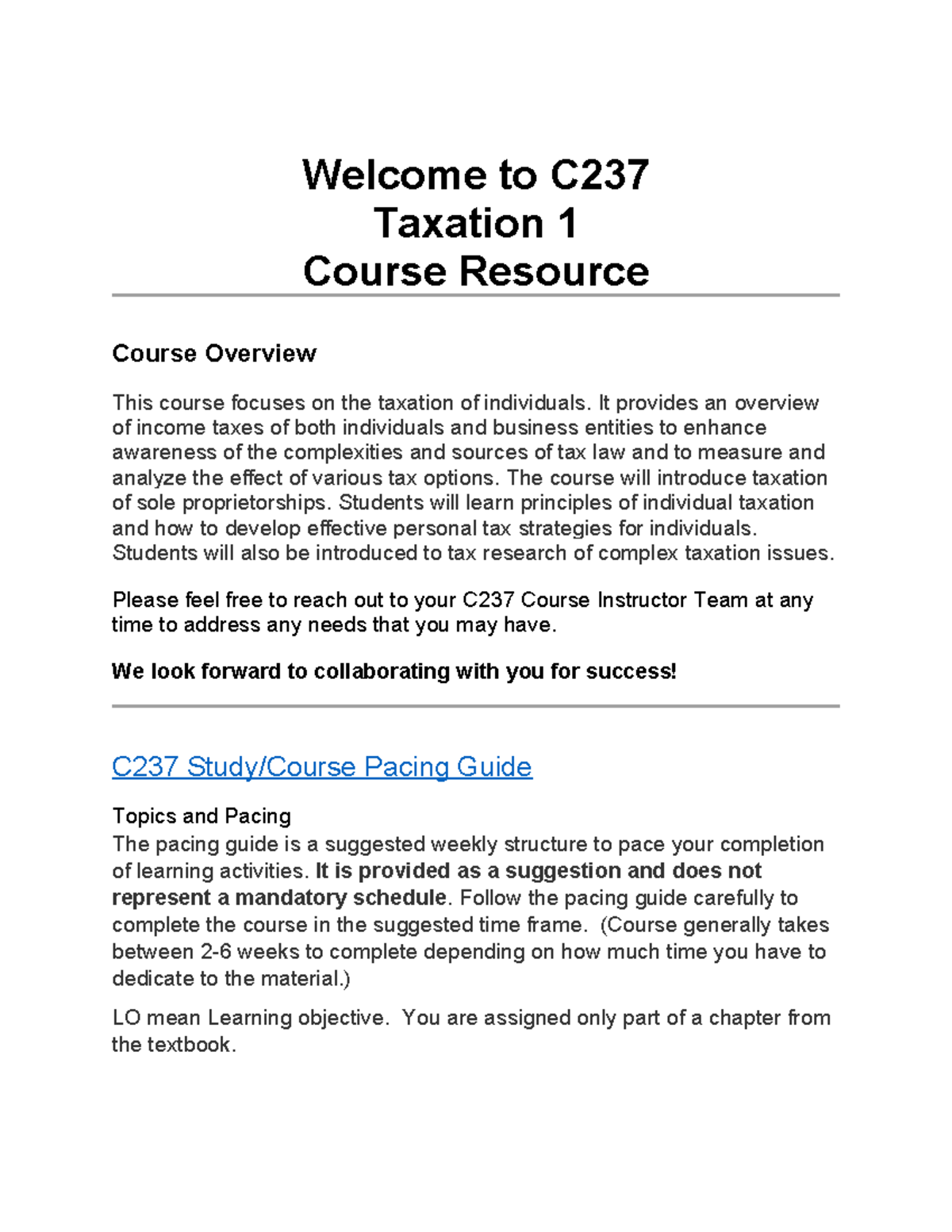 C237 Taxation Course Overview and Pacing Guide - Studocu