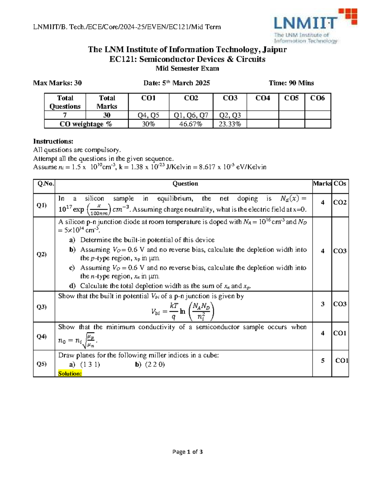 EC121: Semiconductor Devices Circuits Mid Sem Exam Questions - Studocu