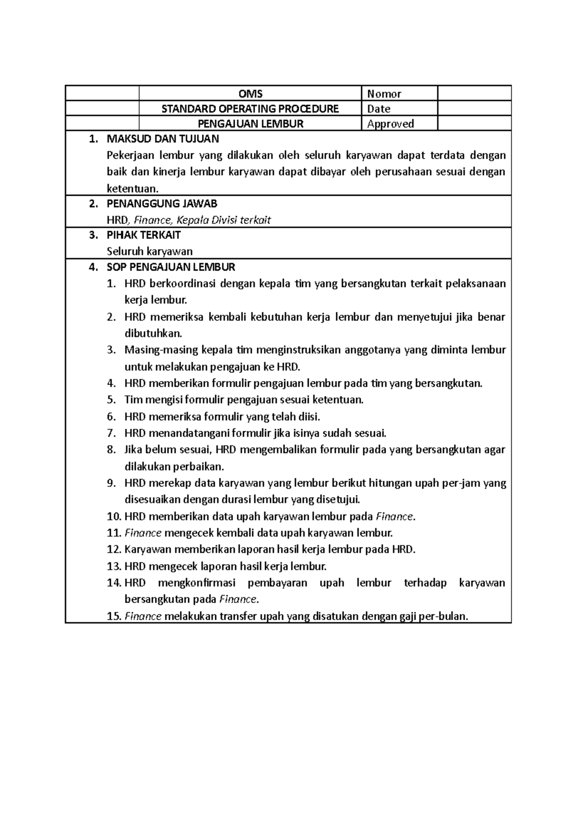SOP 01 - Pengajuan Lembur untuk Karyawan dan Proses Persetujuan - Studocu