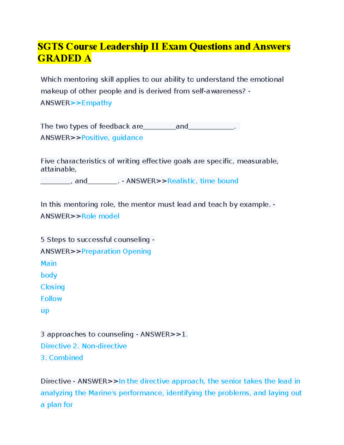 SGTS Course Leadership II Exam 70 Questions and Verified Answers Latest ...