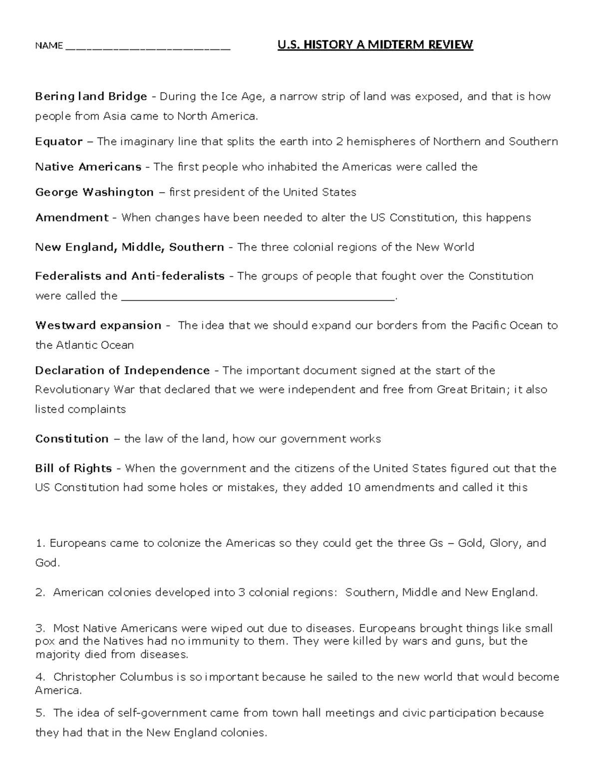 USH A Midterm OR Final, Review Sheet-1 - NAME ...