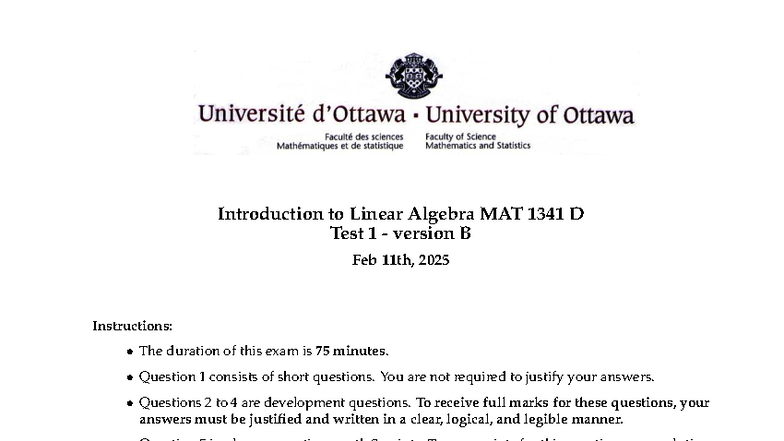 Introduction to Linear Algebra MAT 1341D Midterm 1 Version B - Feb 2025 - Studocu