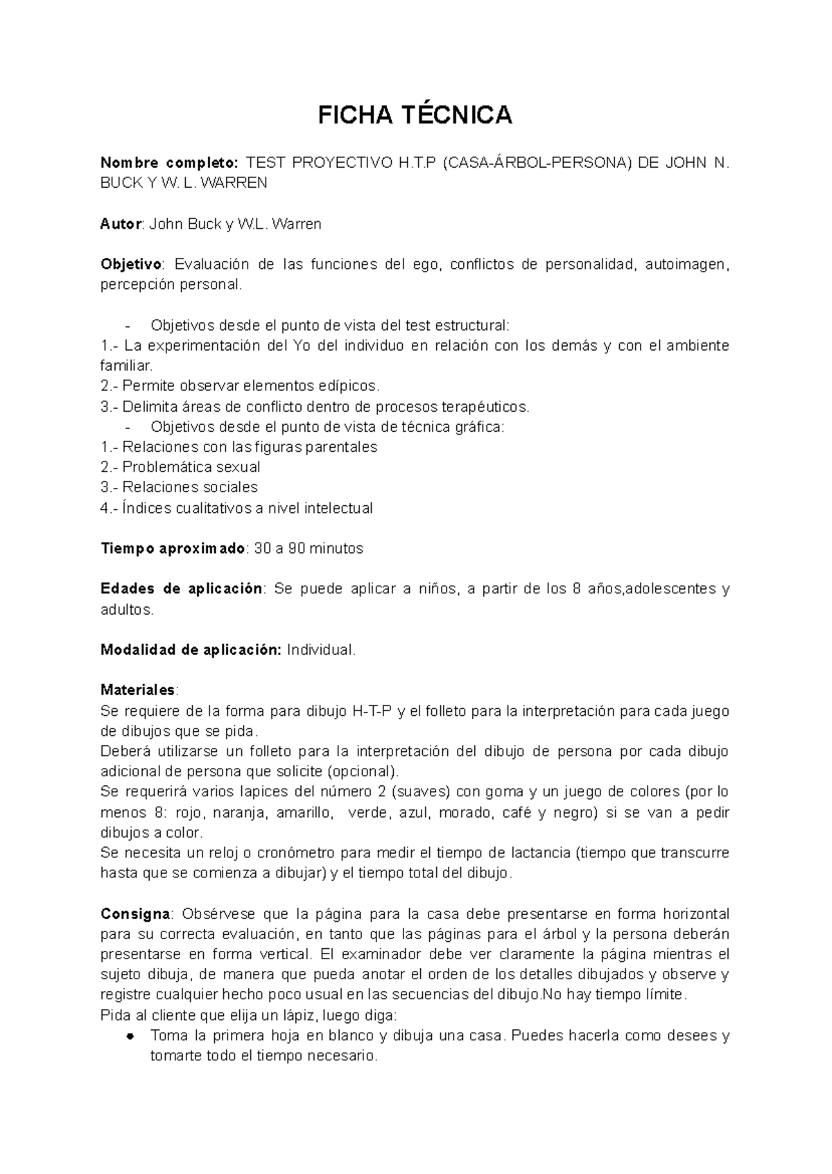 Ficha Técnica del Test Proyectivo H.T.P. de John N. Buck y W.L. Warren ...
