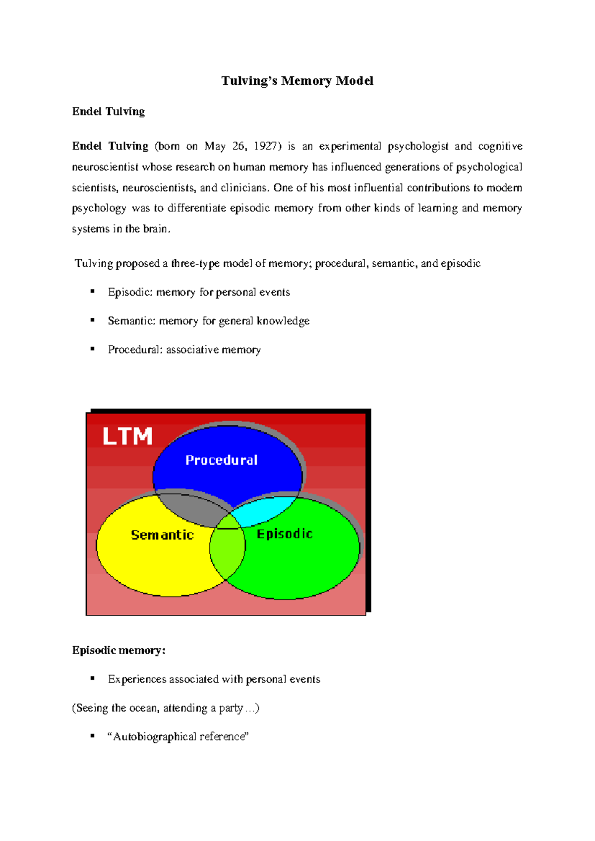 PSY 101: Summary of Tulving's Three-Type Model of Memory - Studocu