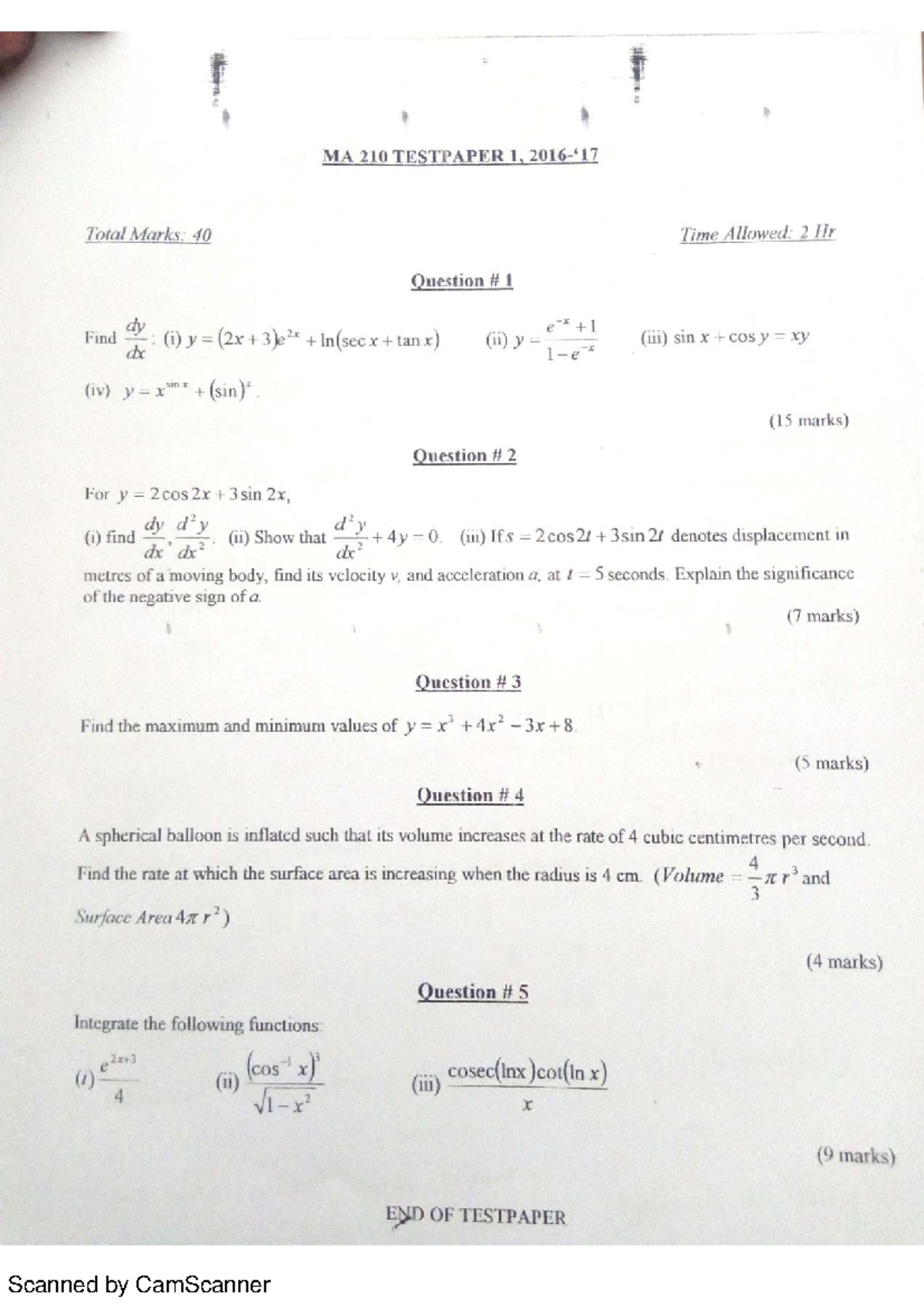 MA 210 TEST PAPER 1 & 2: Differential Equations & Calculus Problems ...
