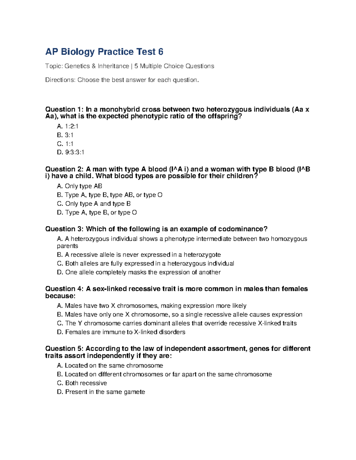 AP Biology MCQ Test 06: Genetics Inheritance Practice - Studocu