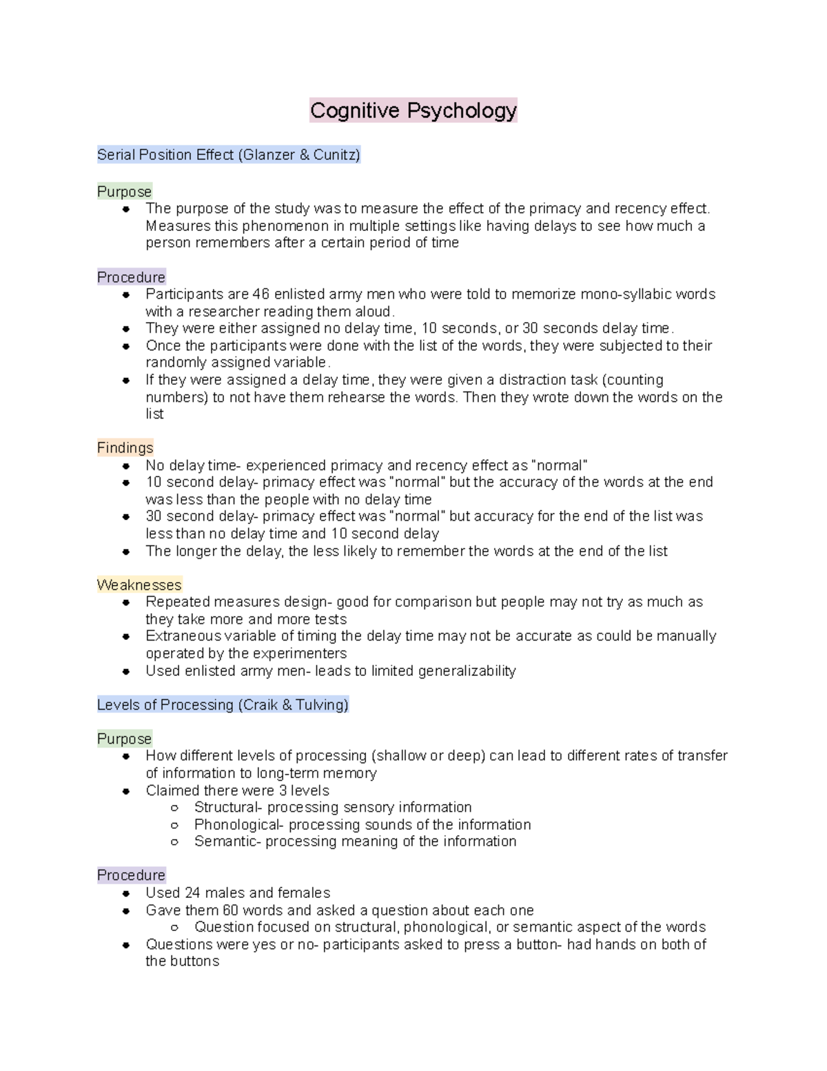 Cognitive Psychology Studies Overview (IB Psych) - Studocu