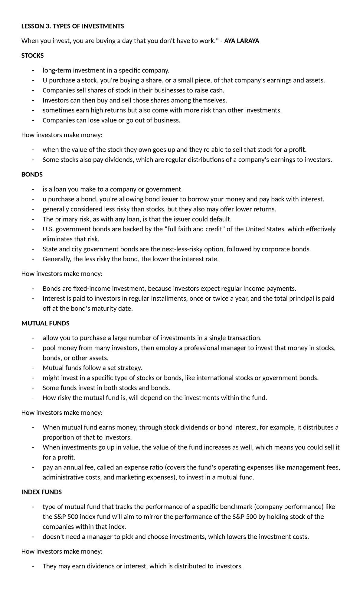 LESSON 3. TYPES OF INVESTMENTS: A Comprehensive Overview - Studocu