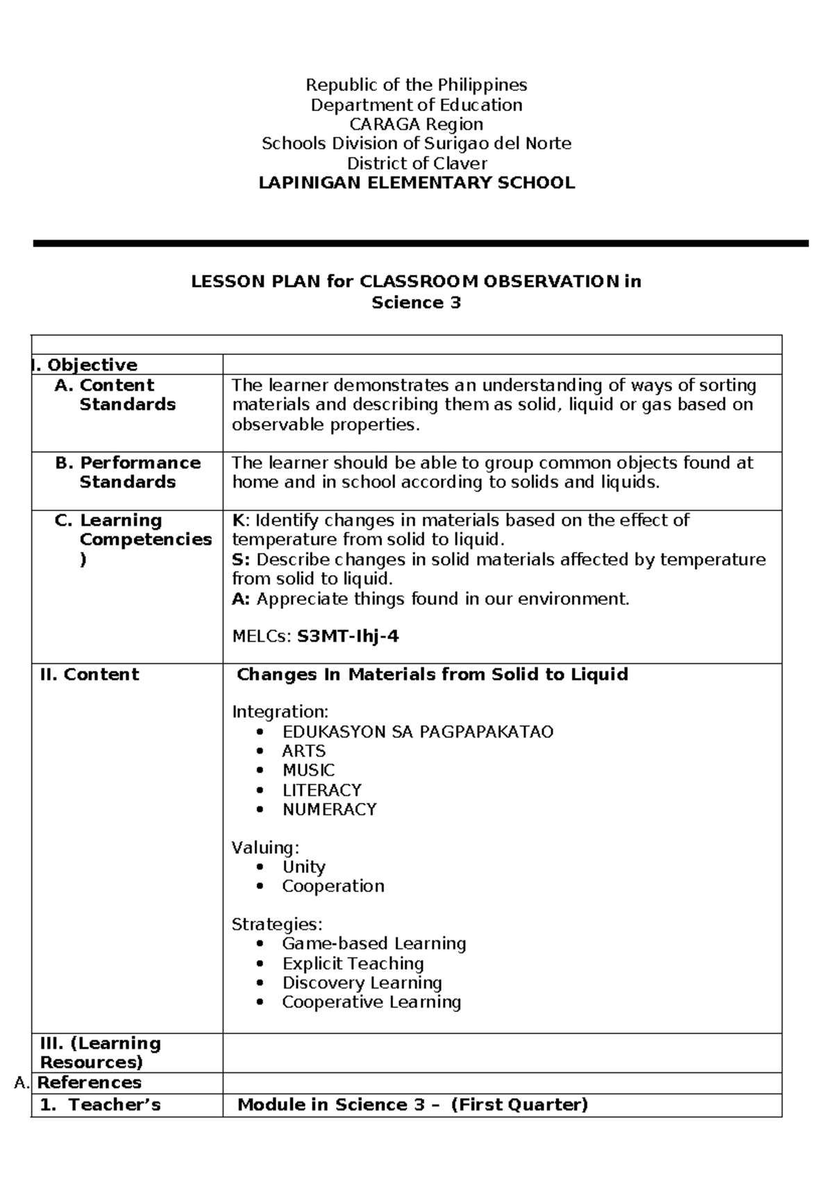 DP - Science 3 - Lesson Plan on Changes in Materials: Solid to Liquid - Studocu