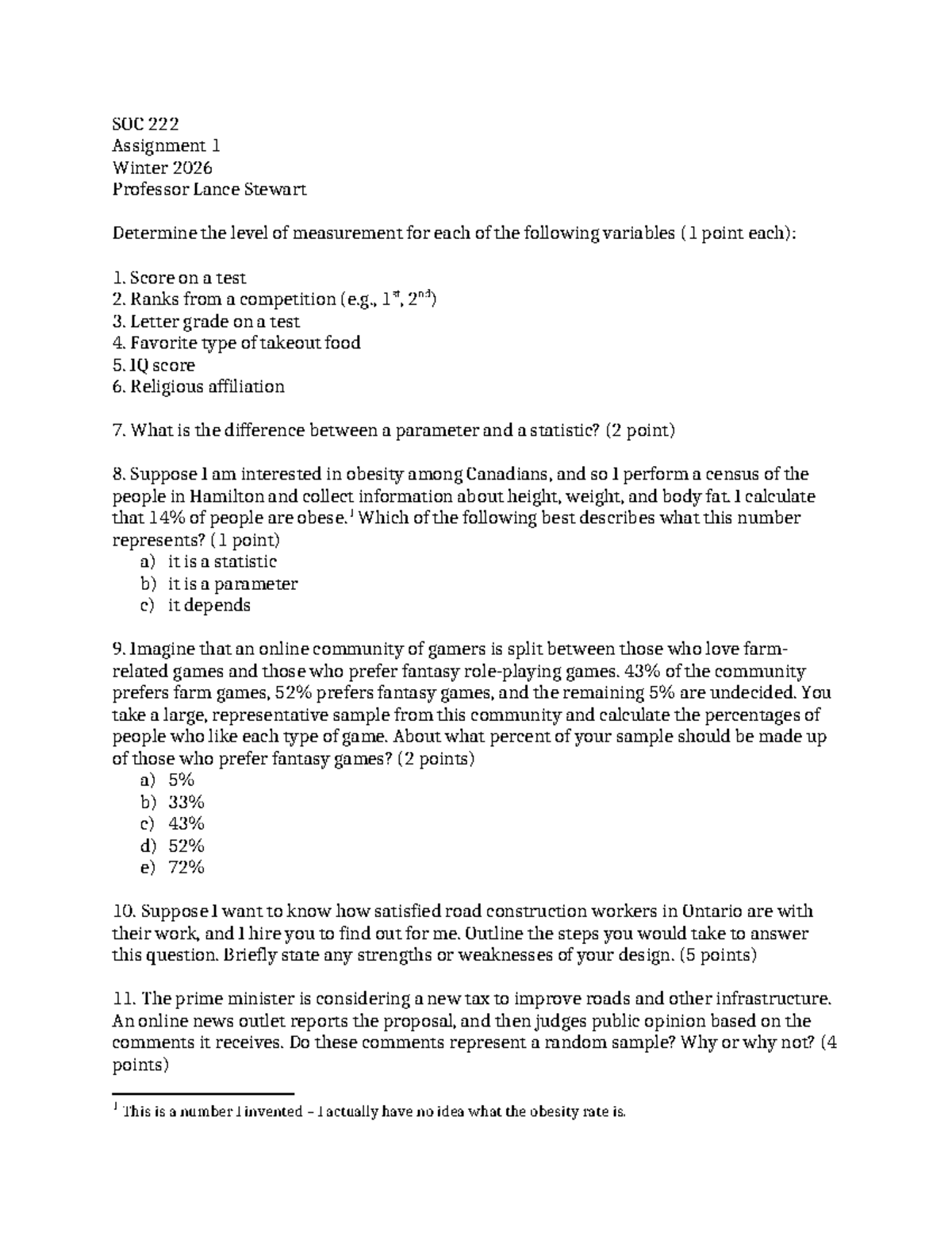SOC 222 W25 Assignment 1: Measurement Levels & Survey Design - Studocu
