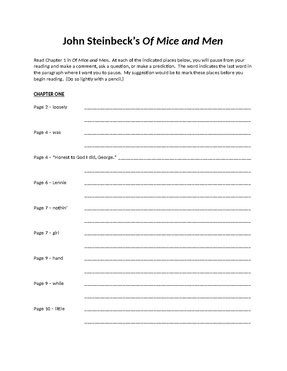 Of Mice and Men (ENG 101) Reading Stops for Chapters 1-6 - Studocu
