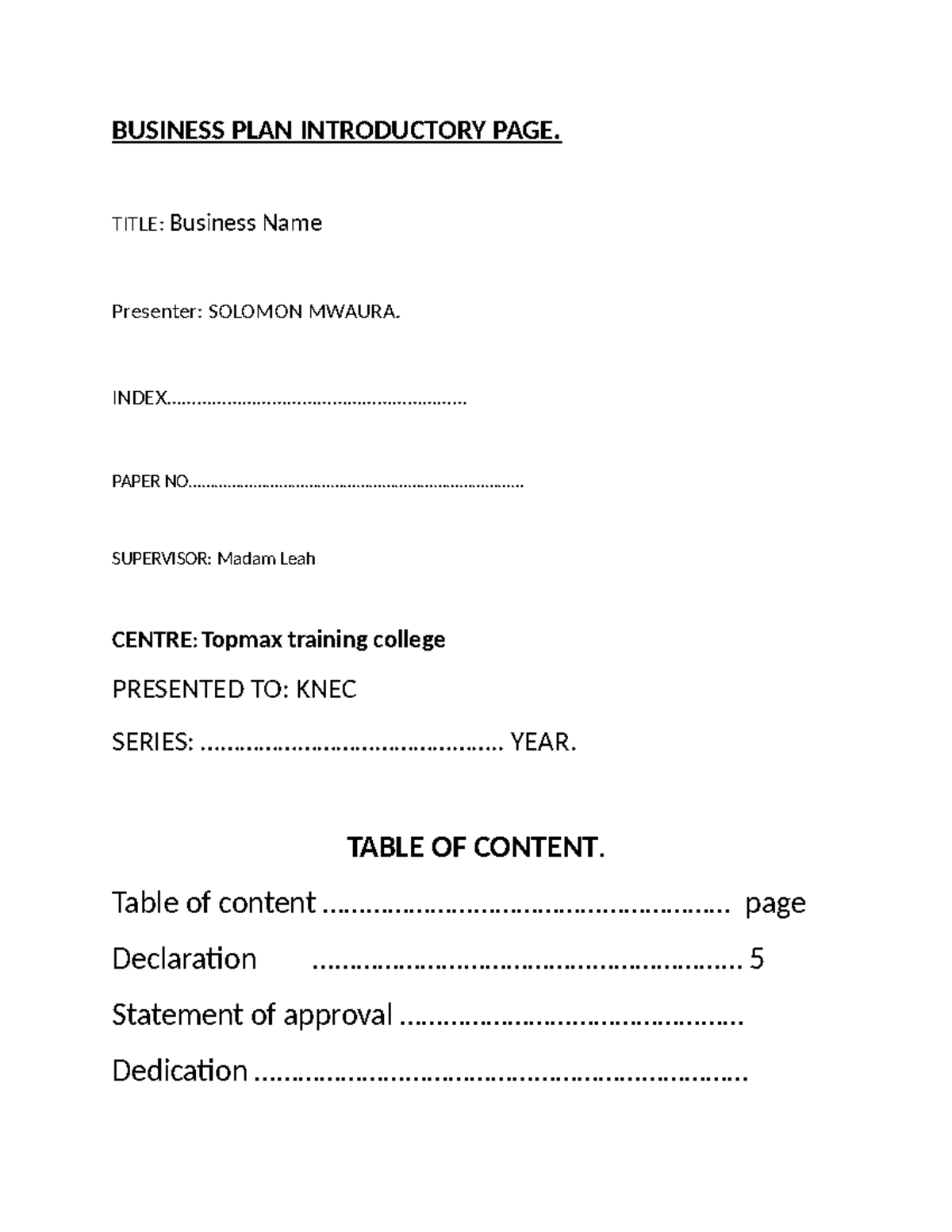 BUSINESS PLAN FOR JAWAL CONSTRUCTION COMPANY (PLUMBING PROJECT) - Studocu