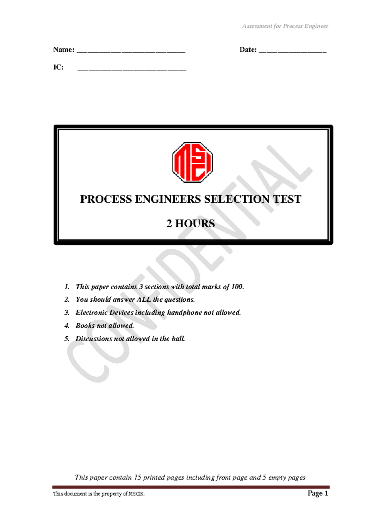 PROCESS ENGINEER SELECTION TEST (IC) - Assessment Questions - Studocu
