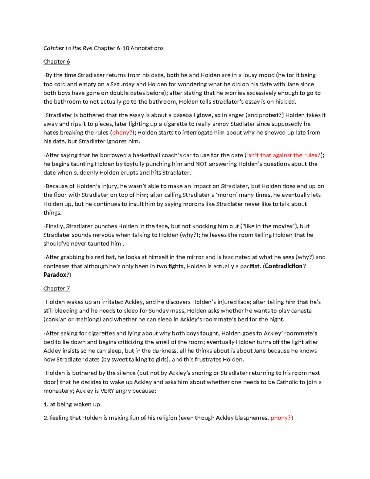 Catcher in the Rye CH 6-10 Summary & Analysis Notes - Studocu