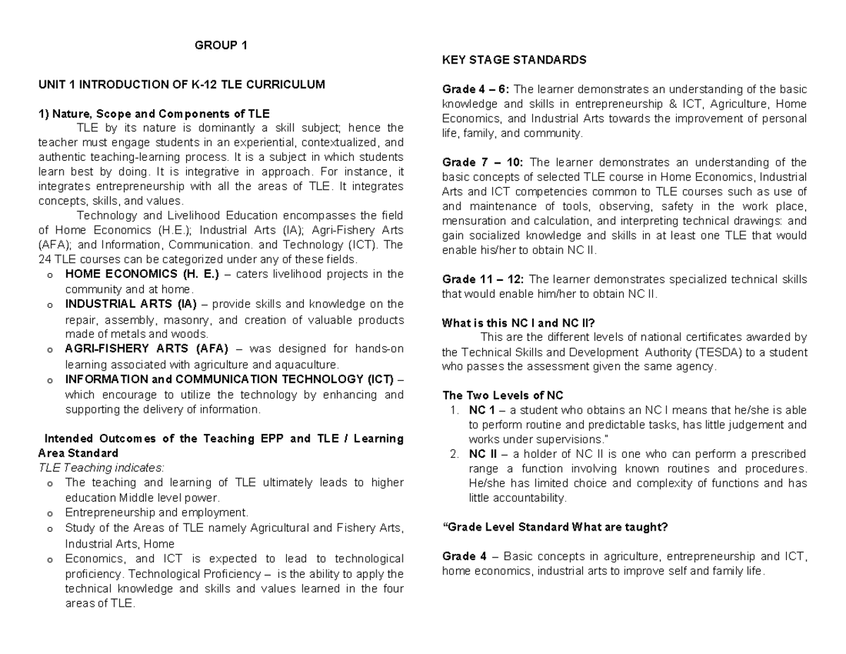 TLE 101: Introduction to Technology and Livelihood Education Curriculum ...