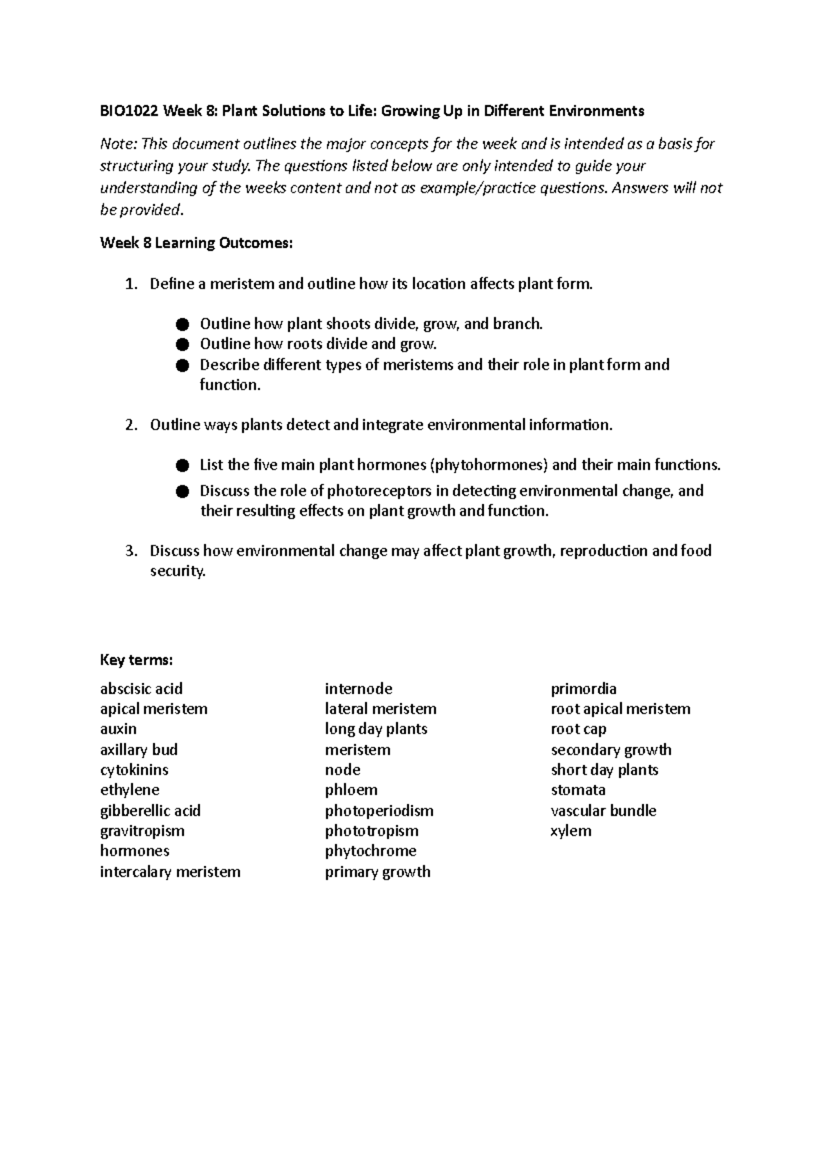 BIO1022 Week 8 Study Guide: Plant Solutions to Environmental Challenges ...